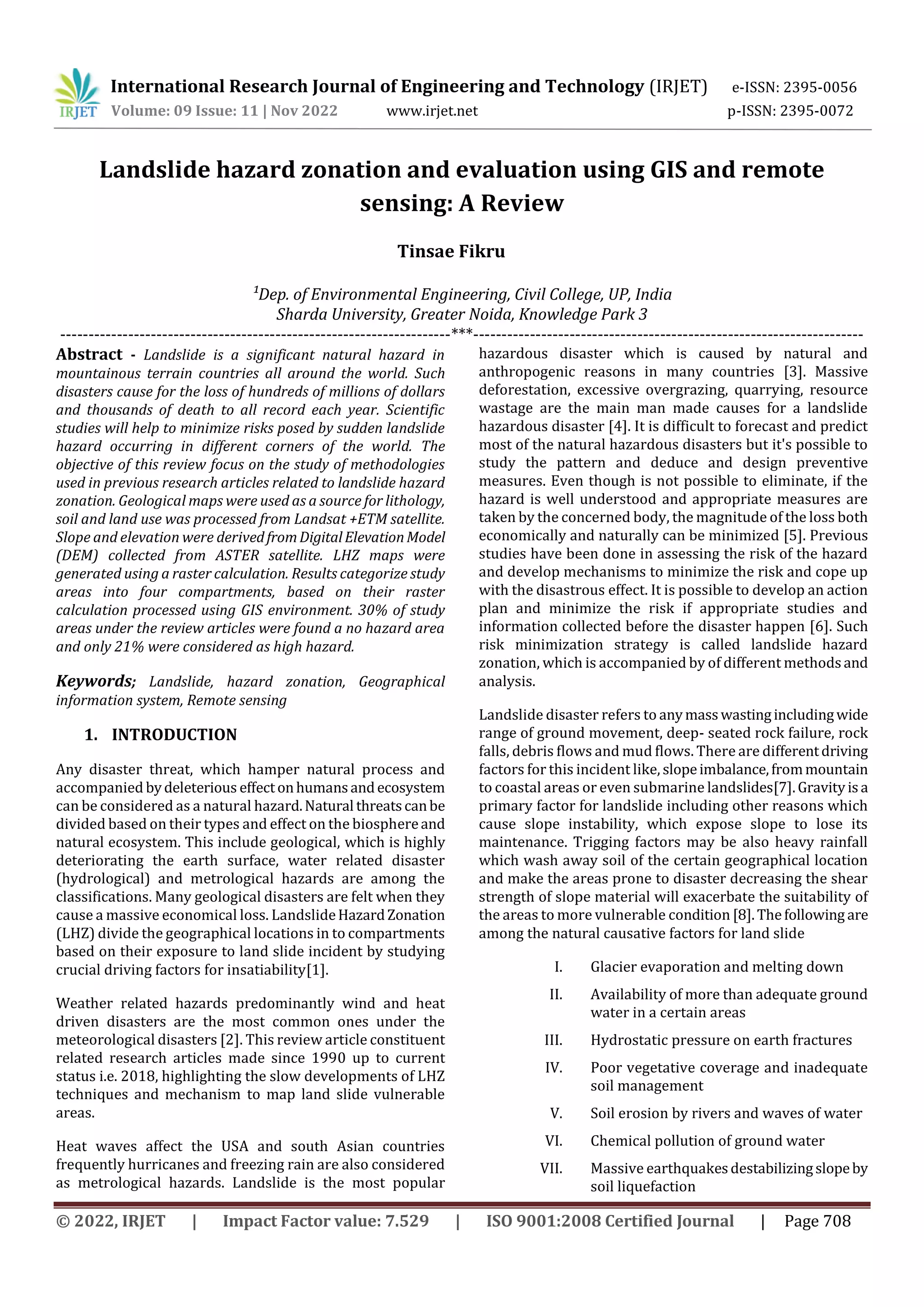Landslide hazard zonation and evaluation using GIS and remote sensing: A Review | PDF