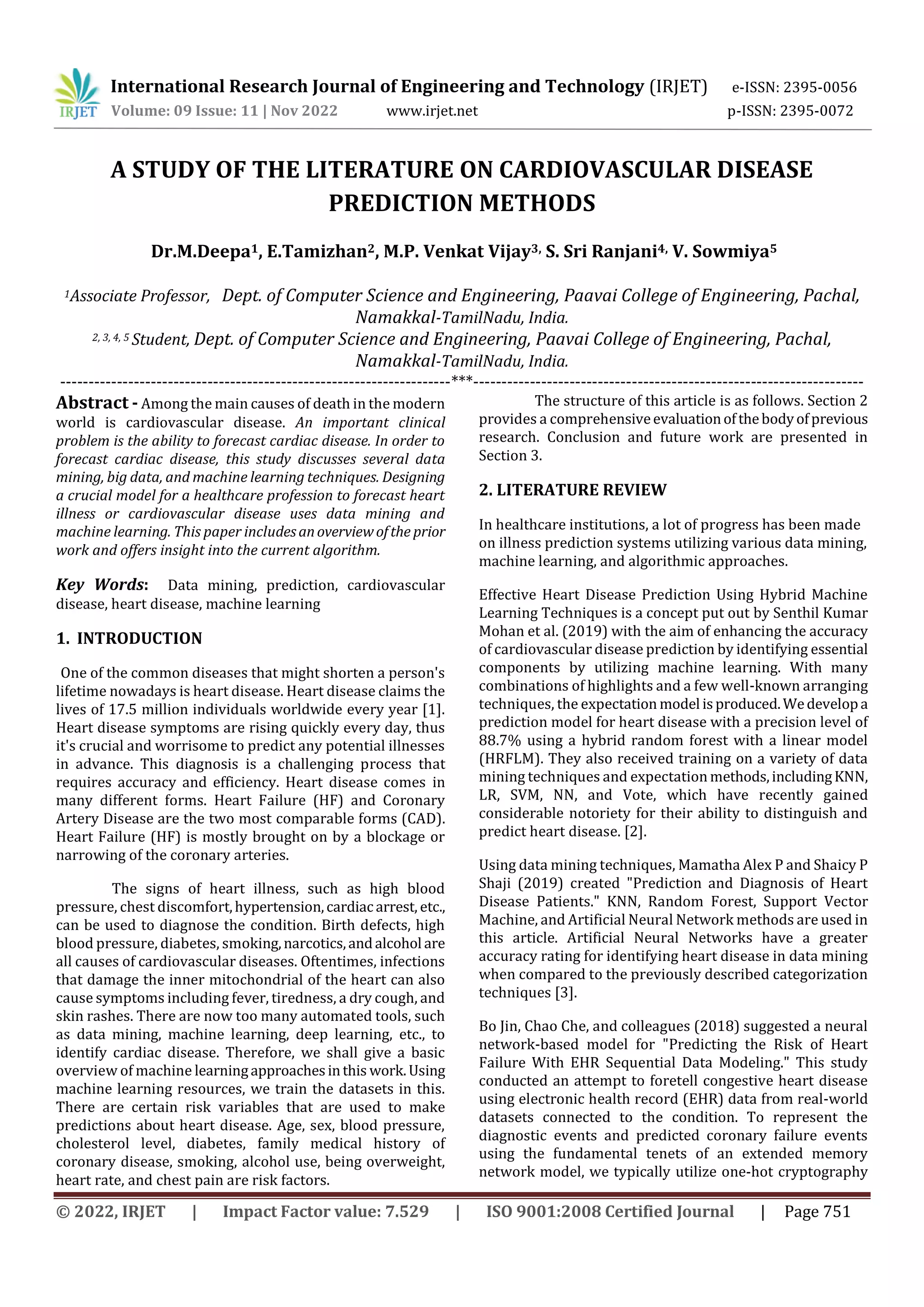 A STUDY OF THE LITERATURE ON CARDIOVASCULAR DISEASE PREDICTION METHODS ...