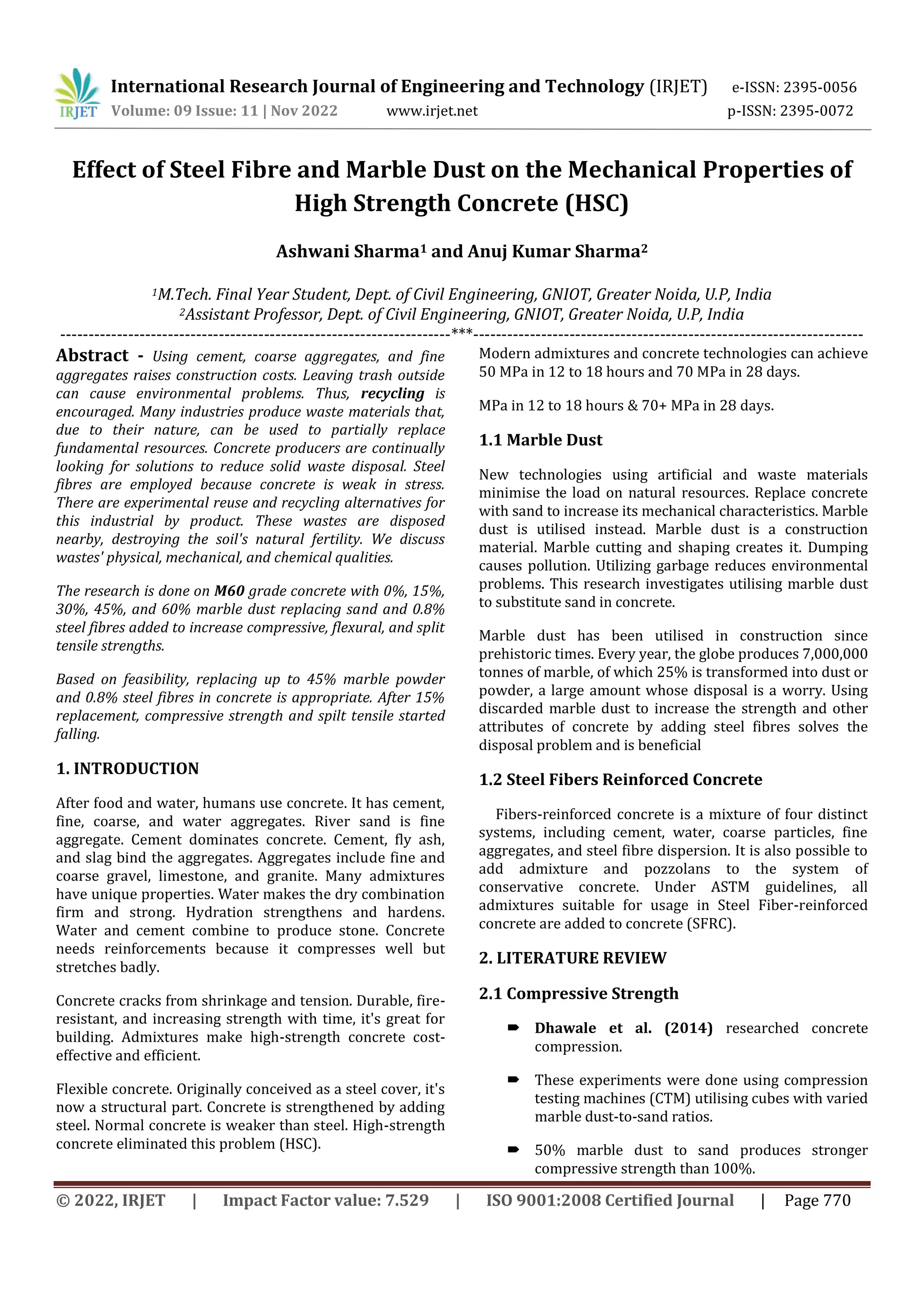 Effect of Steel Fibre and Marble Dust on the Mechanical Properties of ...