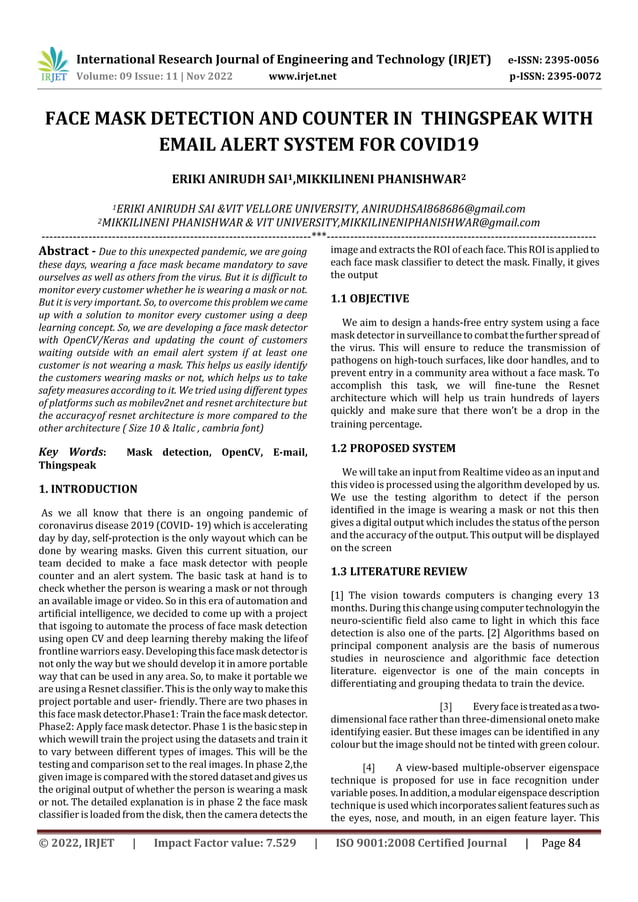 FACE MASK DETECTION AND COUNTER IN THINGSPEAK WITH EMAIL ALERT SYSTEM FOR COVID19 | PDF