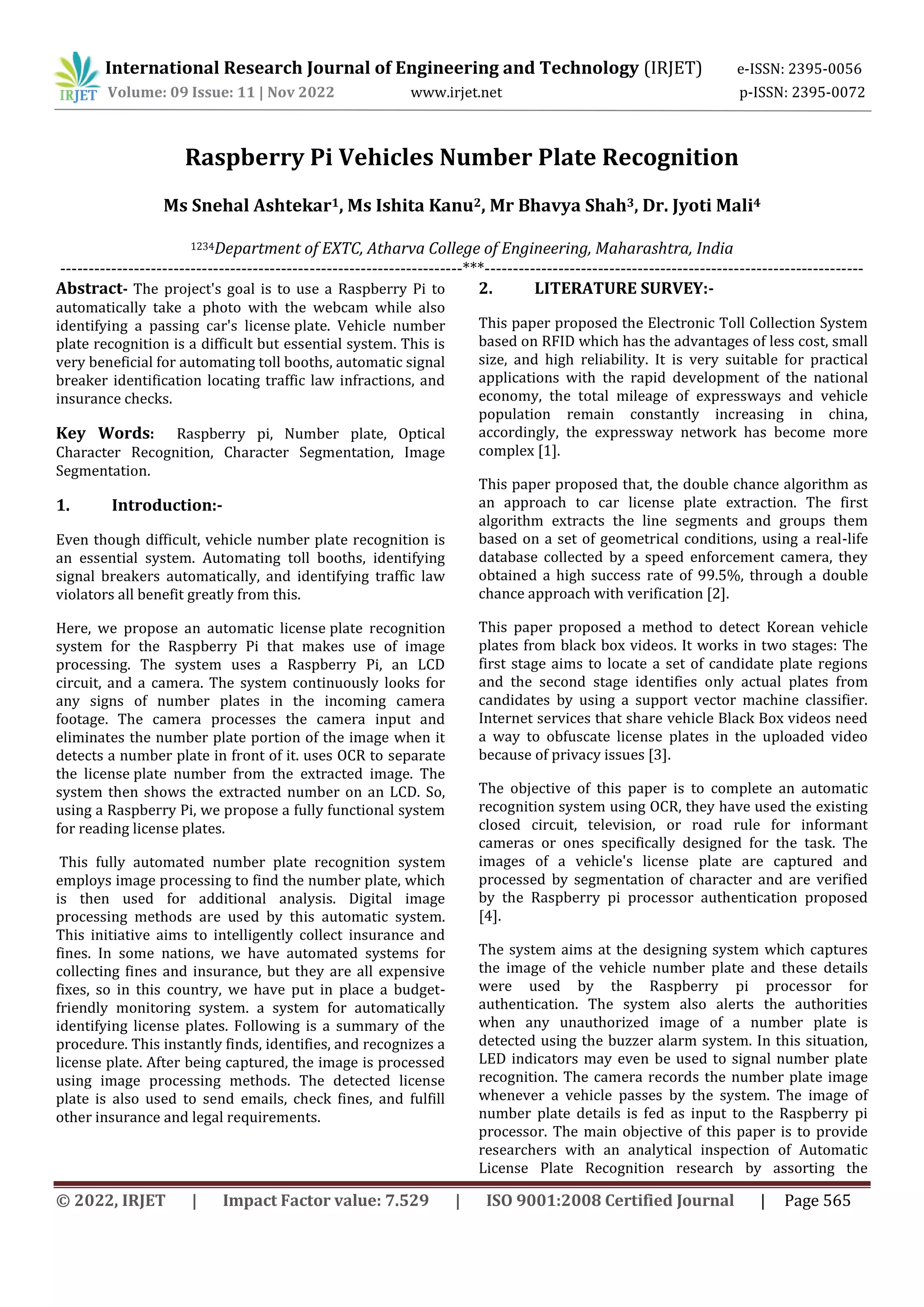 Raspberry Pi Vehicles Number Plate Recognition | PDF