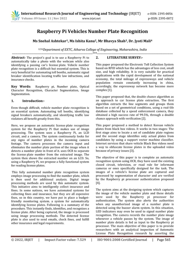 Raspberry Pi Vehicles Number Plate Recognition | PDF