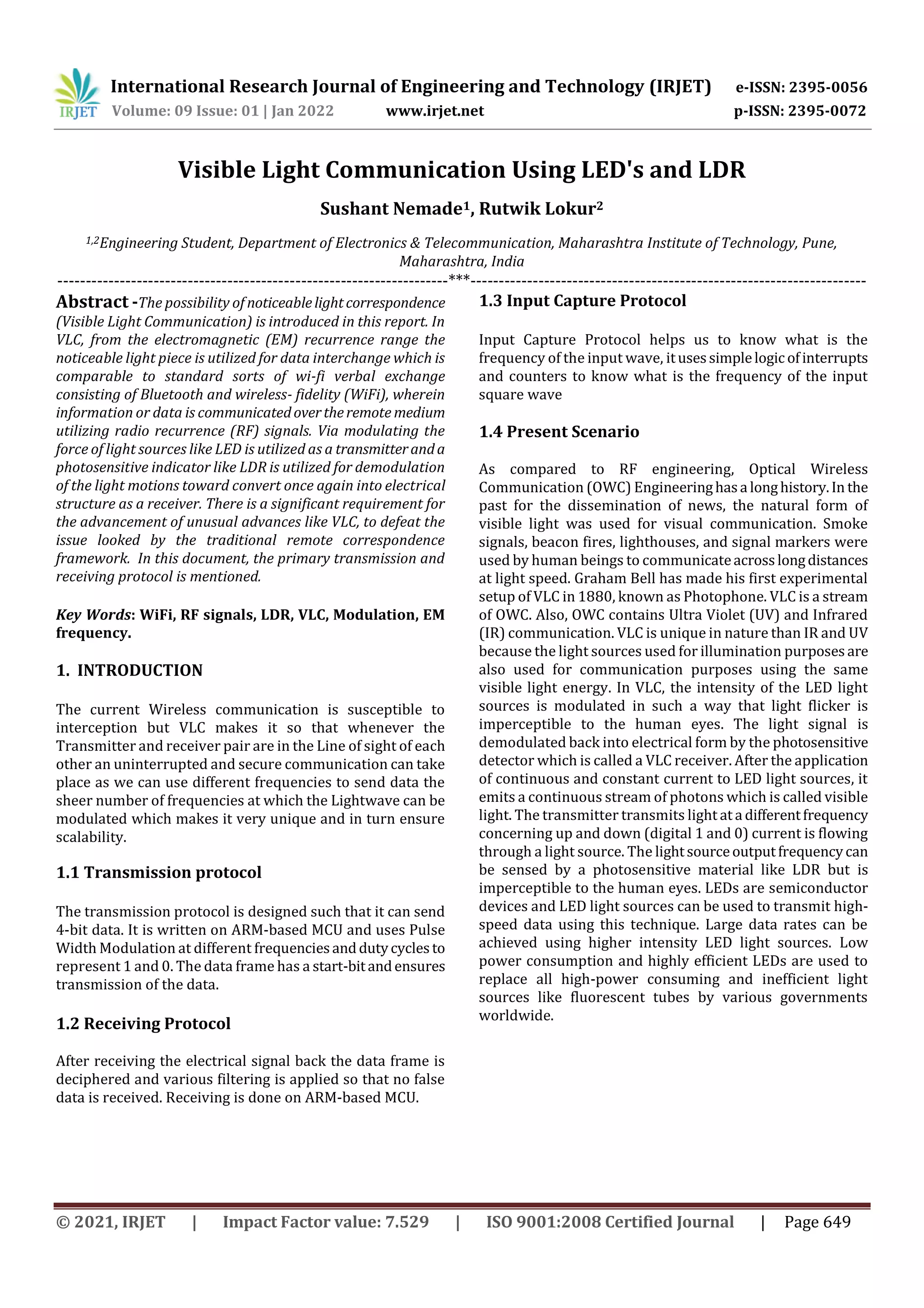 Visible Light Communication Using LED's and LDR | PDF