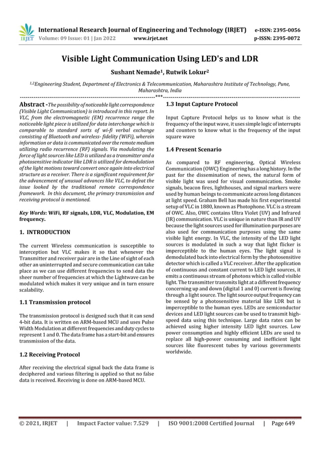Visible Light Communication Using LED's and LDR | PDF