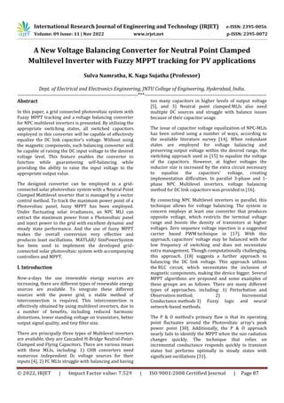 A New Voltage Balancing Converter for Neutral Point Clamped Multilevel Inverter with Fuzzy MPPT ...