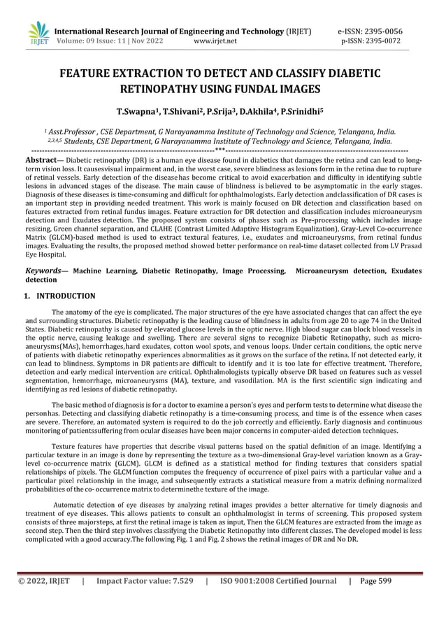 FEATURE EXTRACTION TO DETECT AND CLASSIFY DIABETIC RETINOPATHY USING FUNDAL IMAGES | PDF