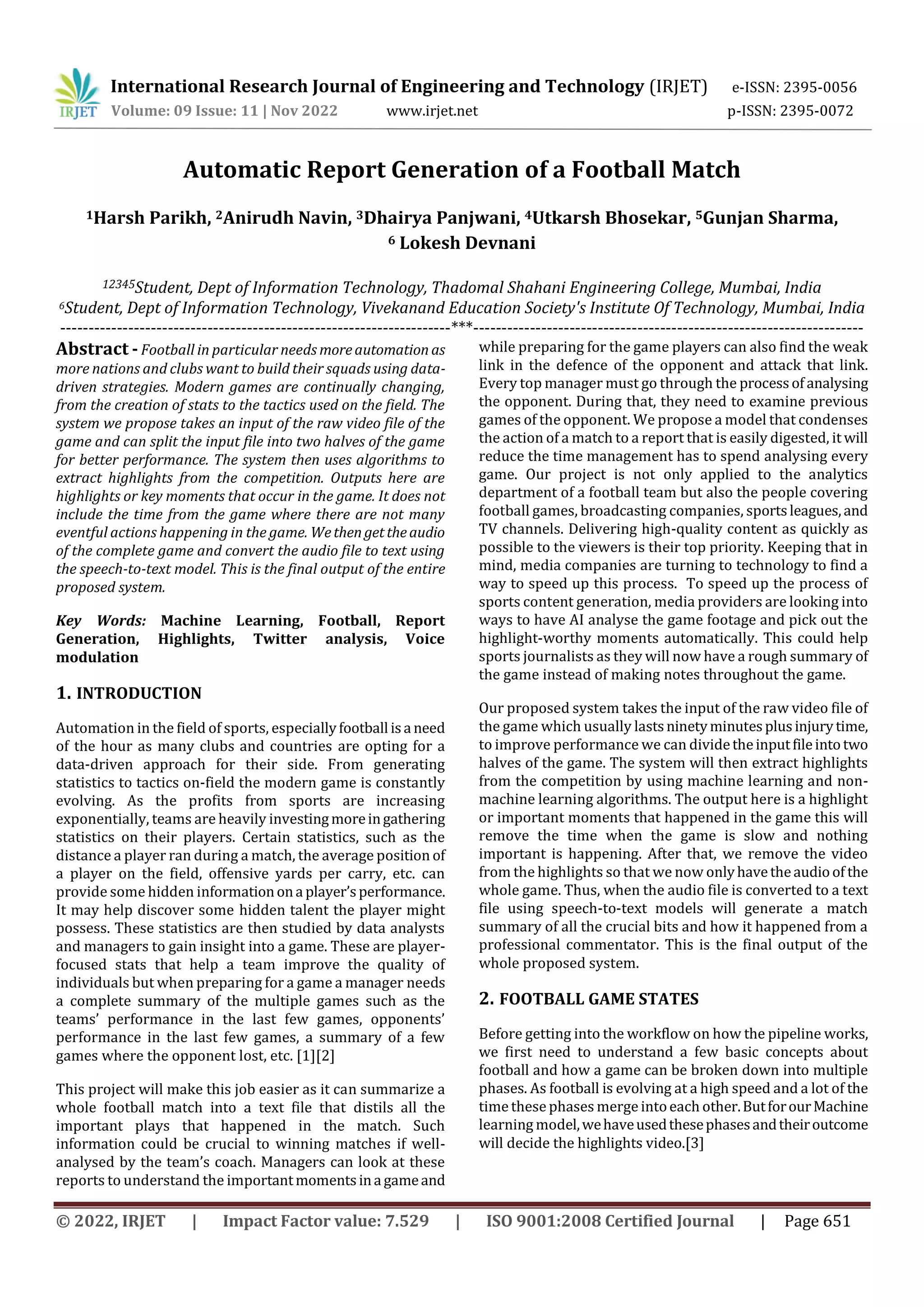Automatic Report Generation of a Football Match | PDF