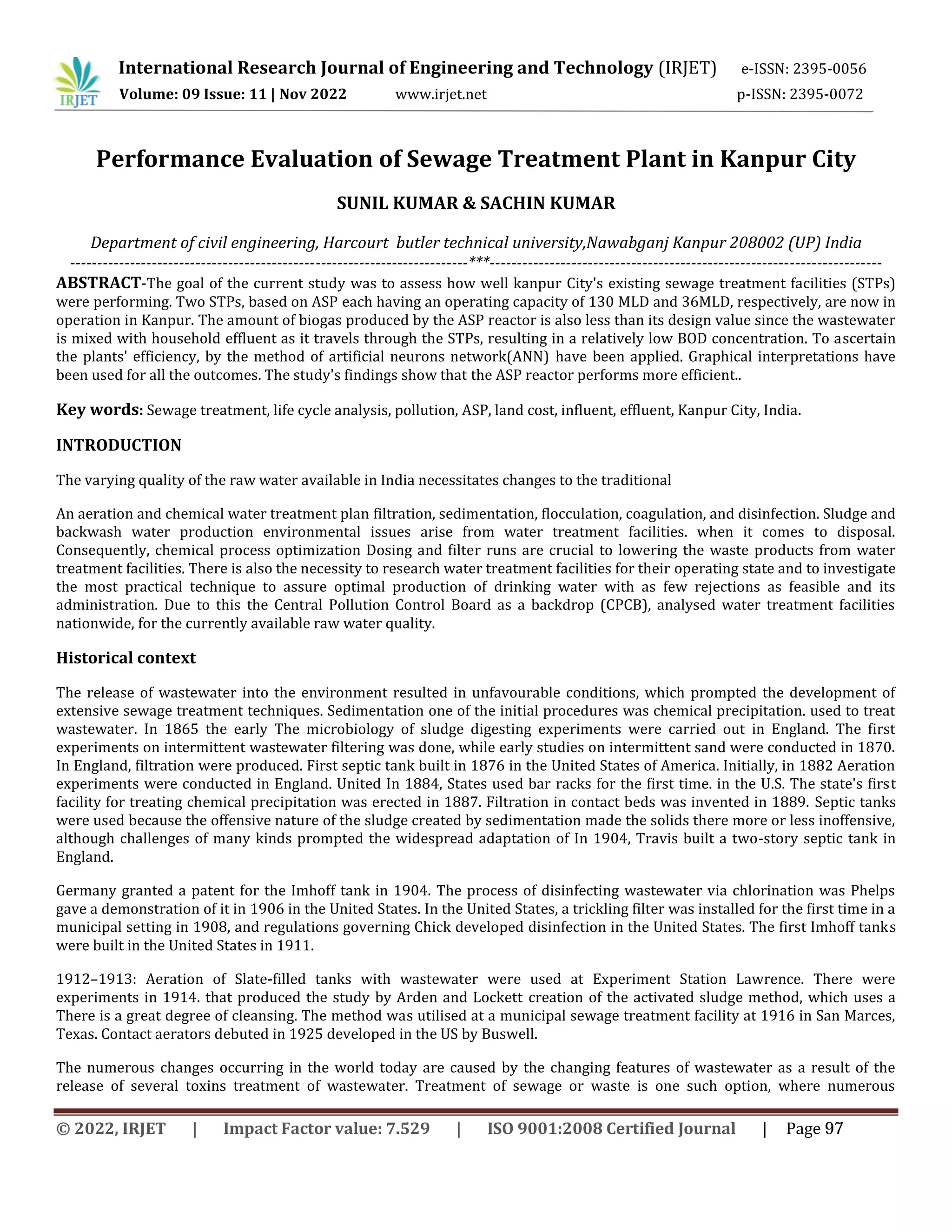 Performance Evaluation of Sewage Treatment Plant in Kanpur City | PDF