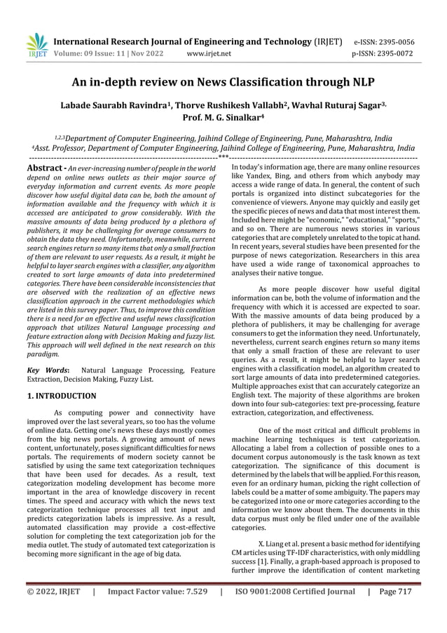 An in-depth review on News Classification through NLP | PDF