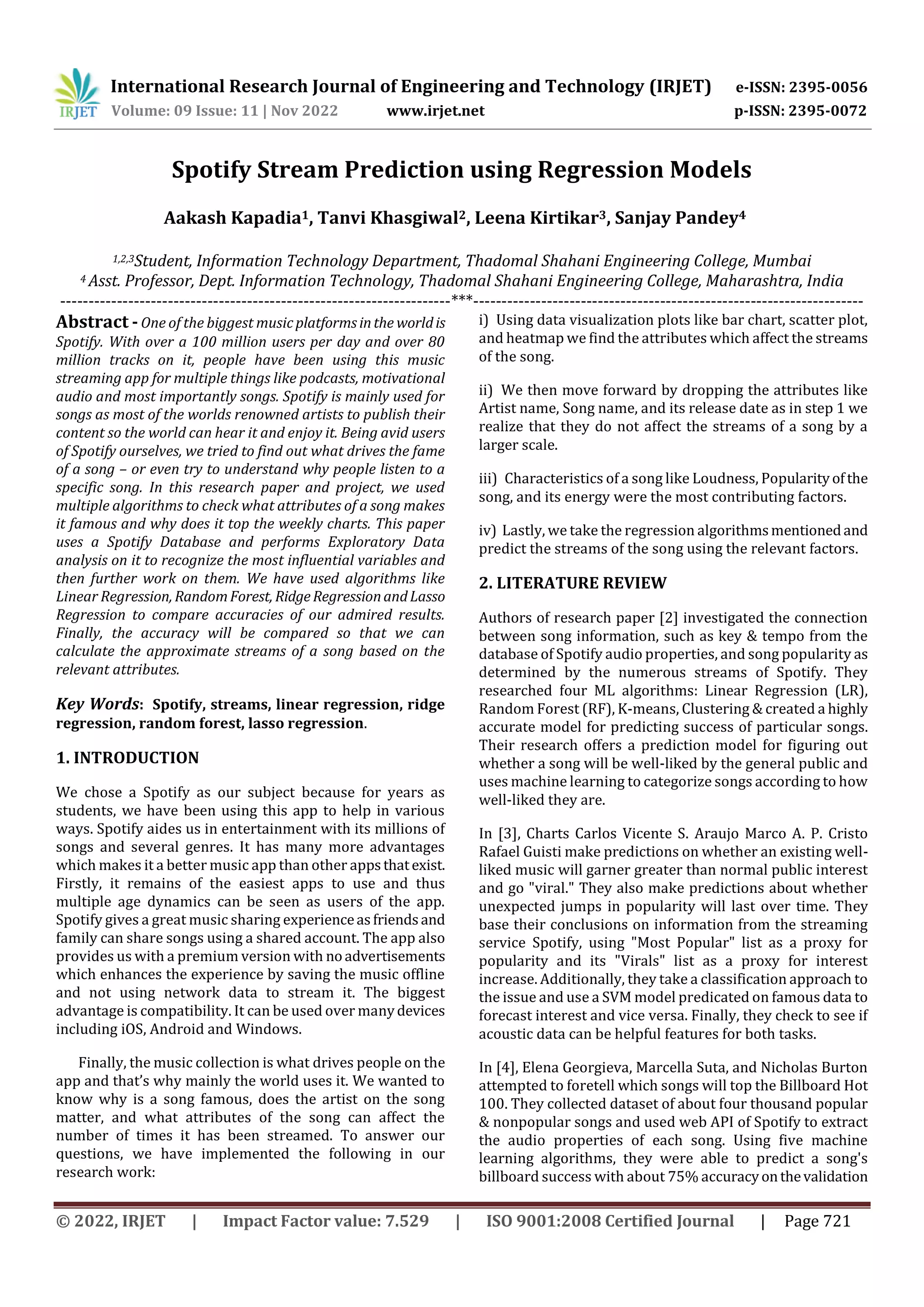 Spotify Stream Prediction using Regression Models | PDF