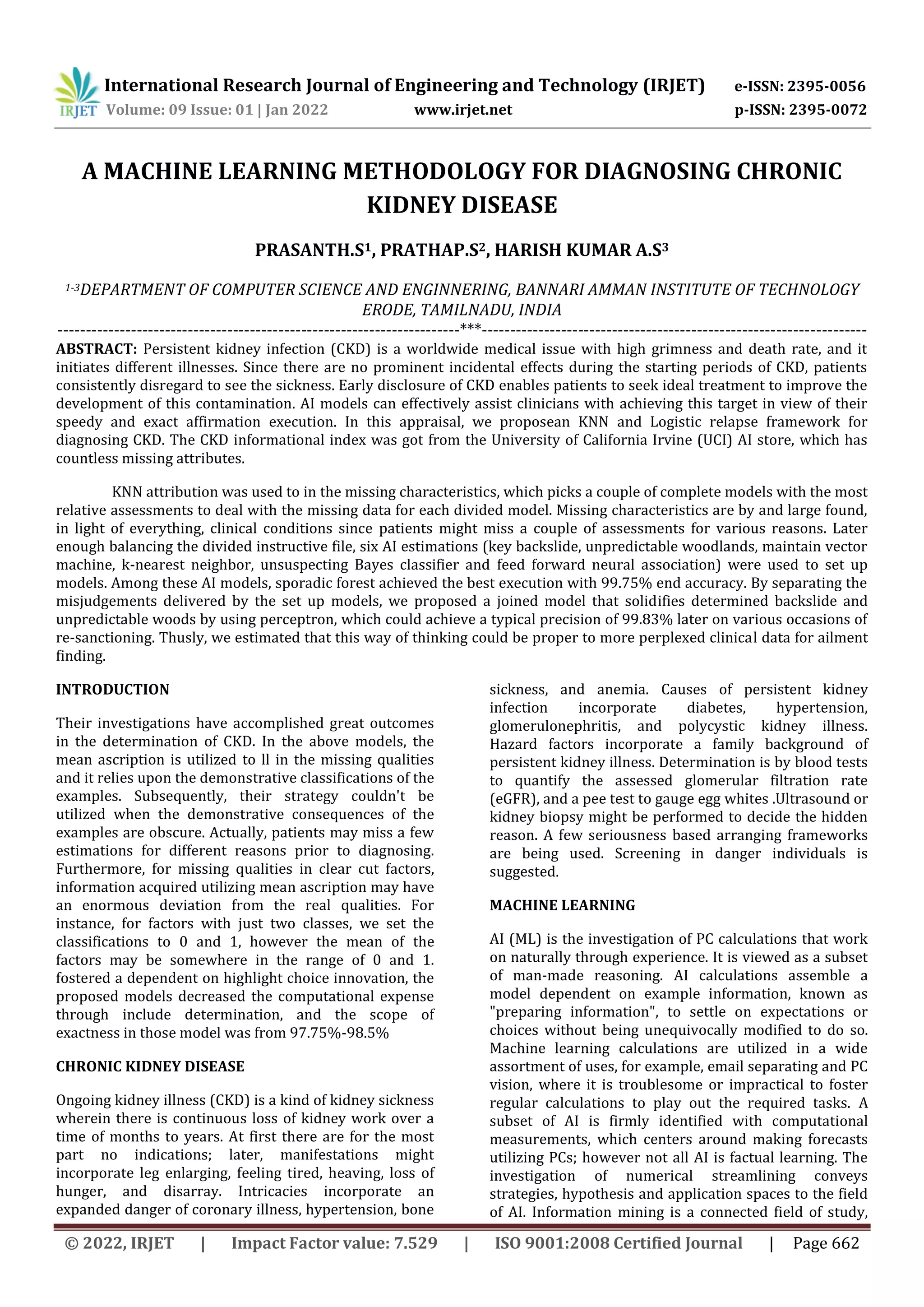 A MACHINE LEARNING METHODOLOGY FOR DIAGNOSING CHRONIC KIDNEY DISEASE | PDF | Artificial ...