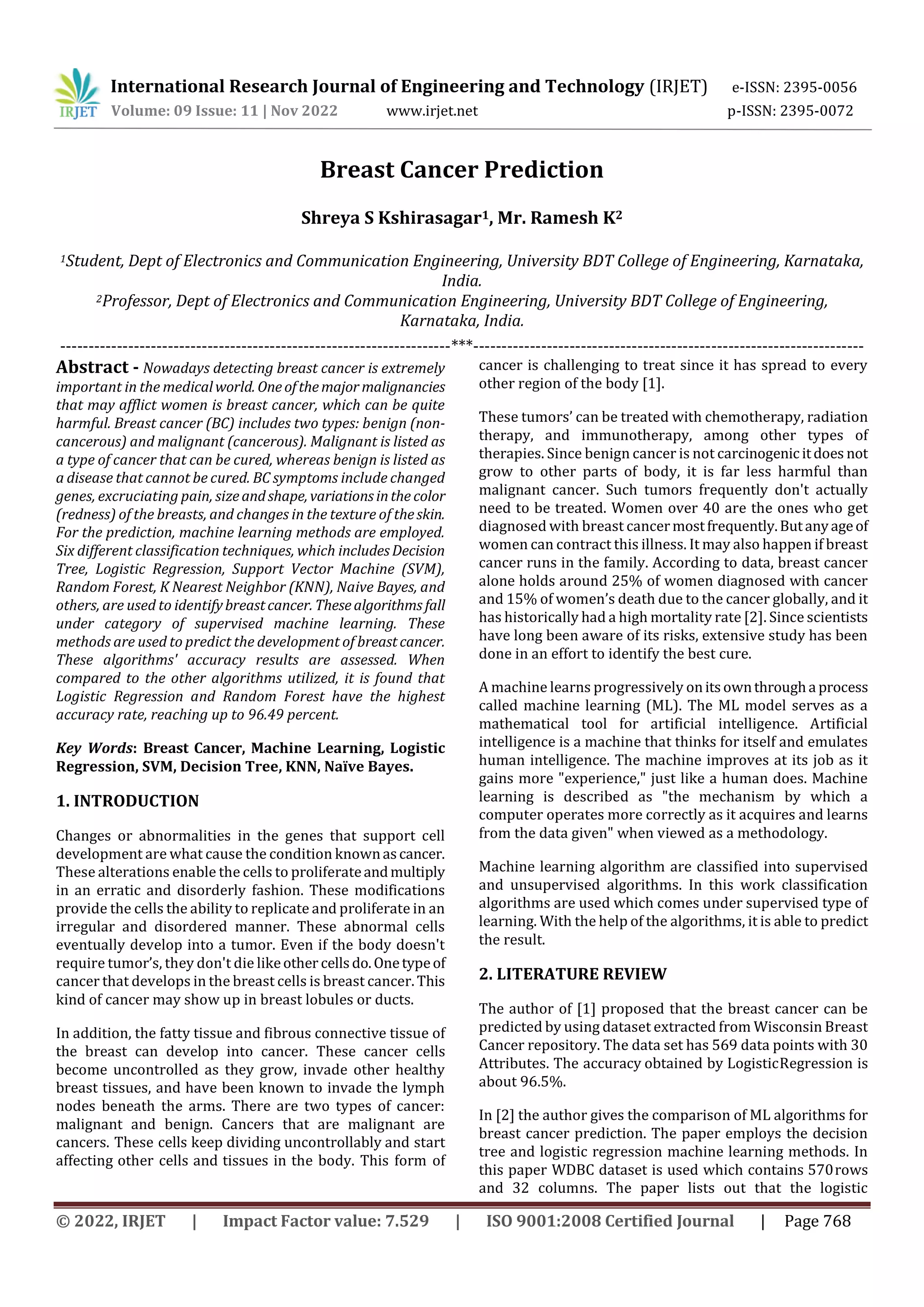 Breast Cancer Prediction | PDF