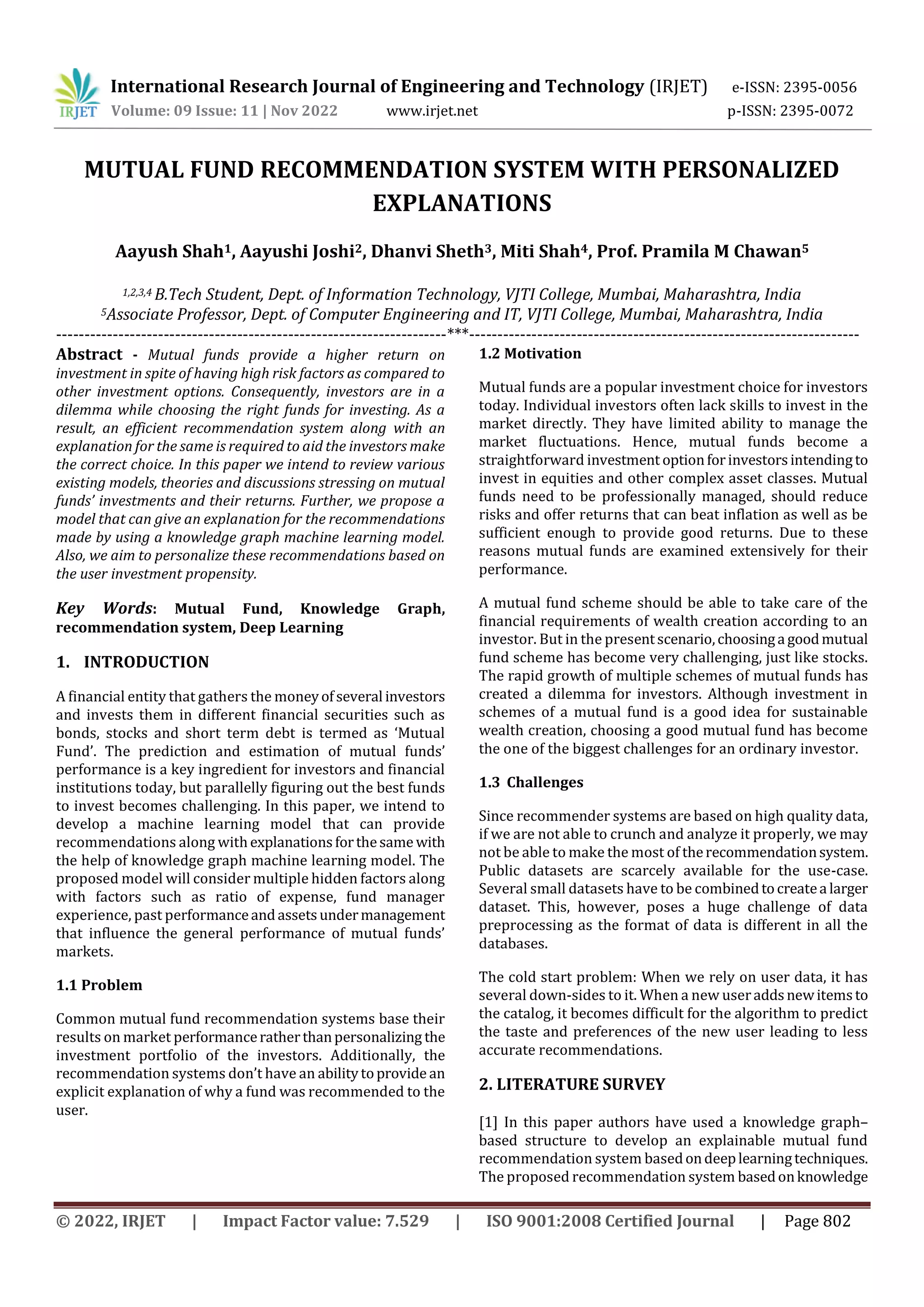 MUTUAL FUND RECOMMENDATION SYSTEM WITH PERSONALIZED EXPLANATIONS | PDF