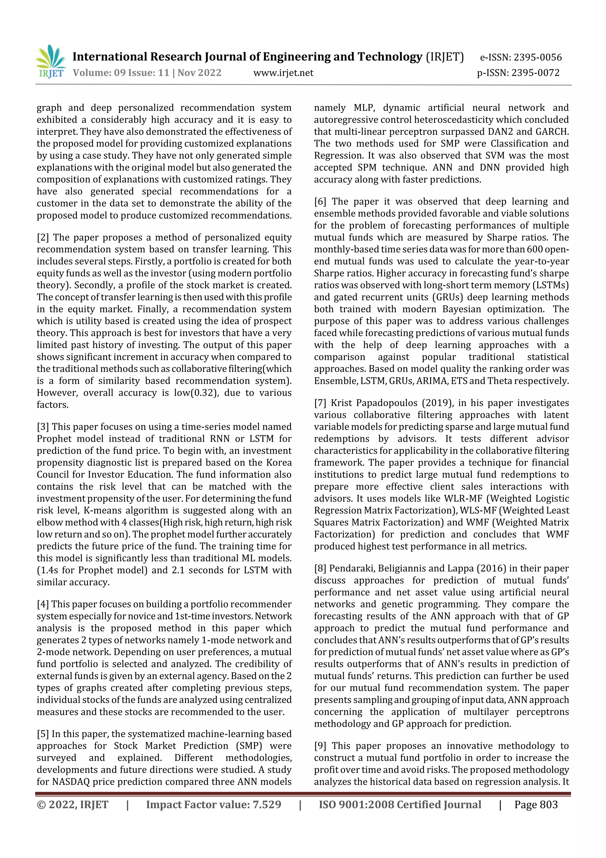 MUTUAL FUND RECOMMENDATION SYSTEM WITH PERSONALIZED EXPLANATIONS | PDF