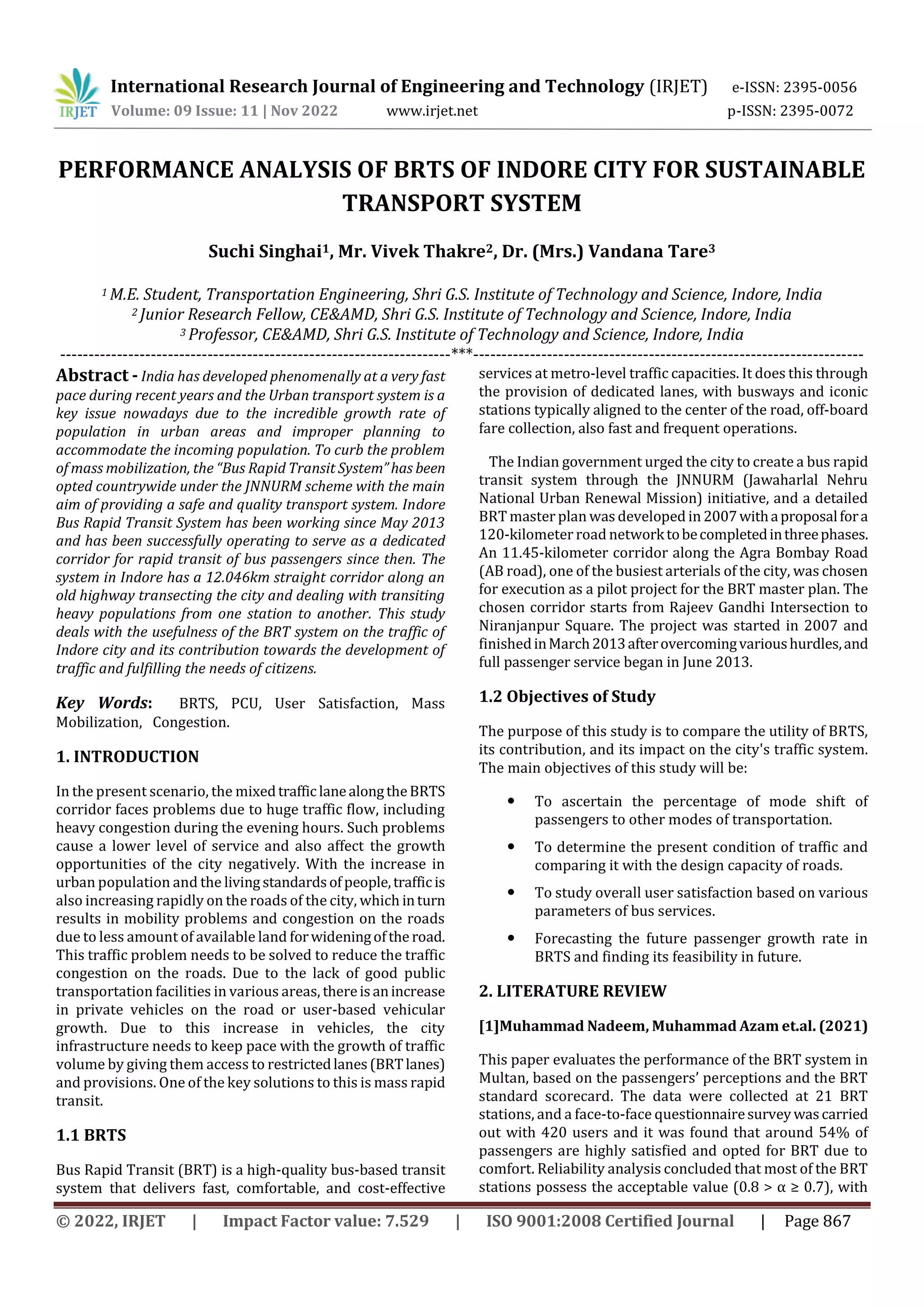 PERFORMANCE ANALYSIS OF BRTS OF INDORE CITY FOR SUSTAINABLE TRANSPORT SYSTEM | PDF