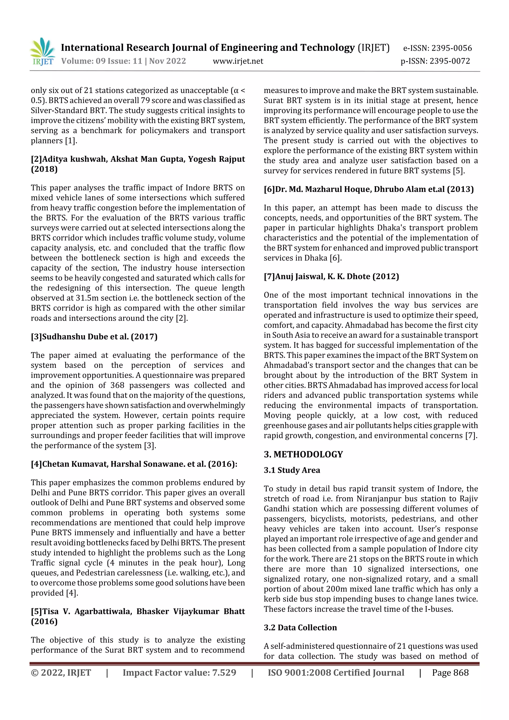 PERFORMANCE ANALYSIS OF BRTS OF INDORE CITY FOR SUSTAINABLE TRANSPORT SYSTEM | PDF