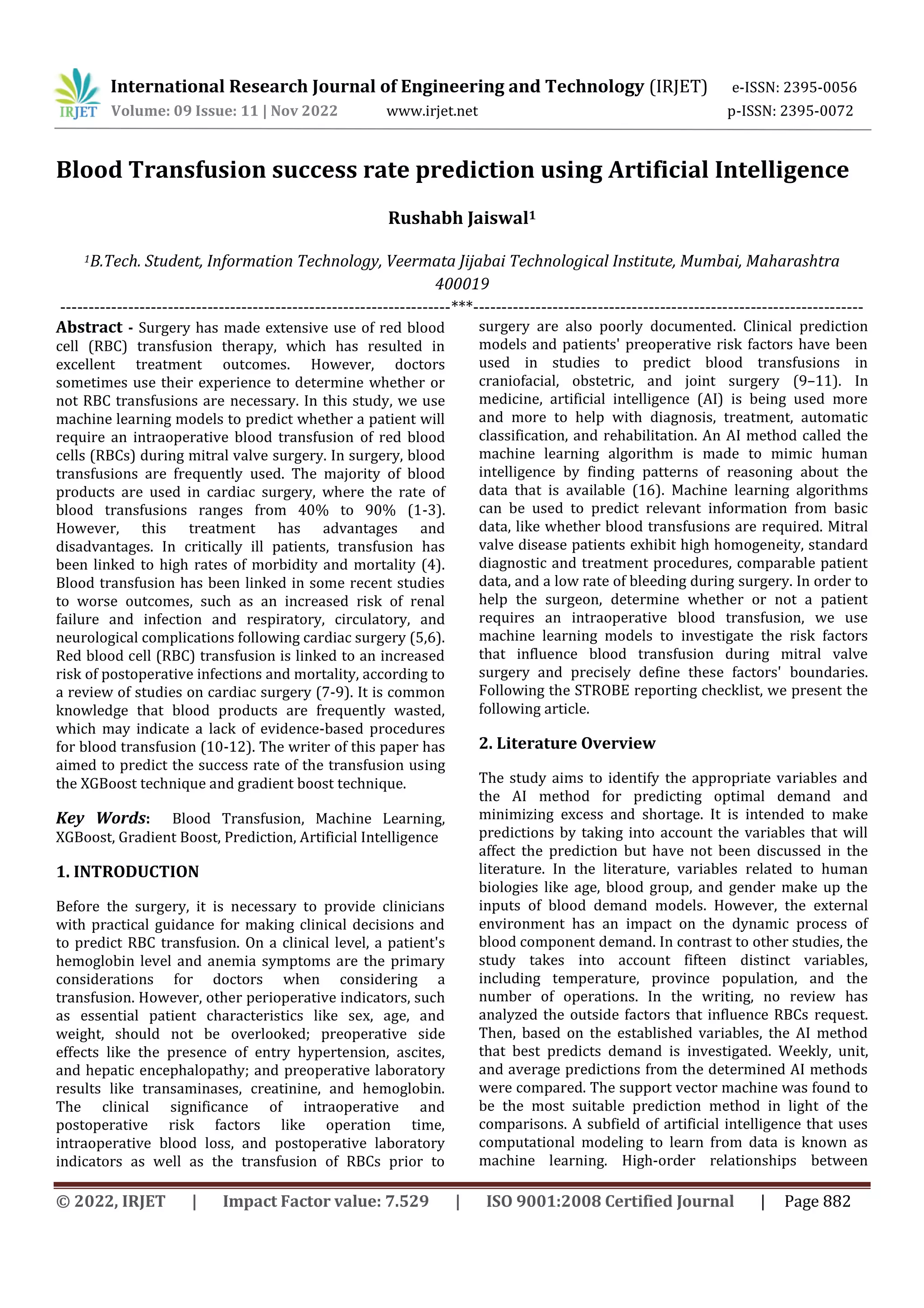 Blood Transfusion success rate prediction using Artificial Intelligence ...