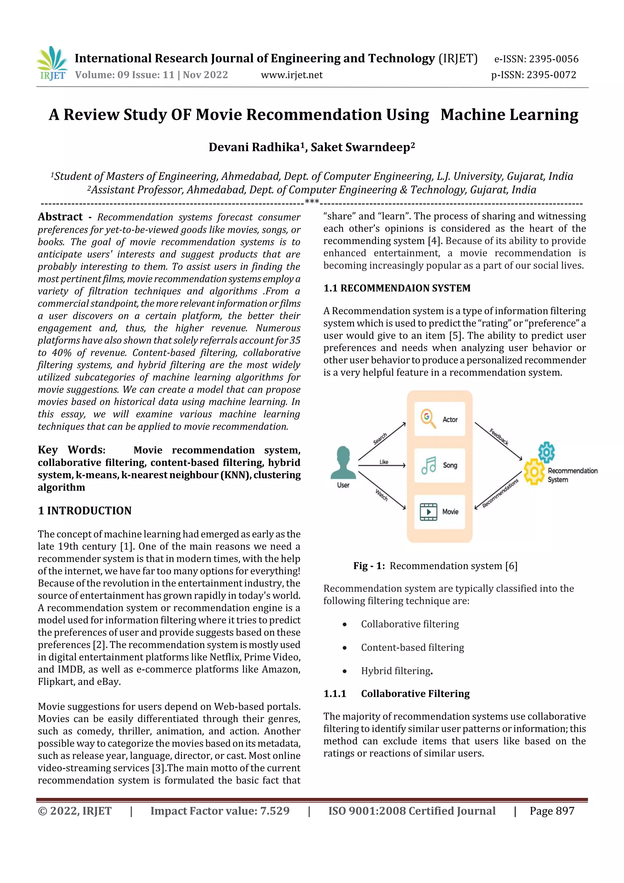 A Review Study OF Movie Recommendation Using Machine Learning | PDF