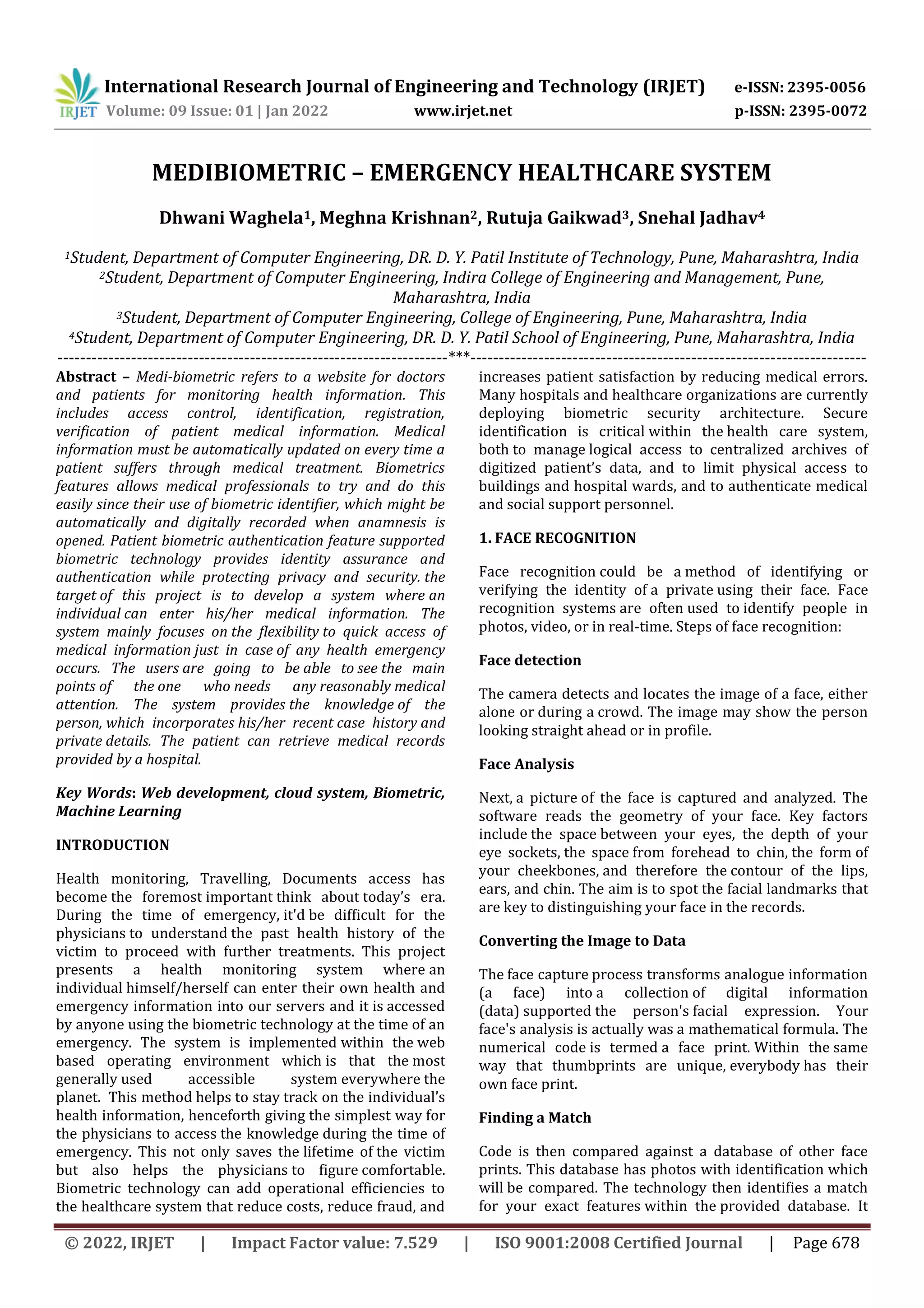 MEDIBIOMETRIC – EMERGENCY HEALTHCARE SYSTEM | PDF