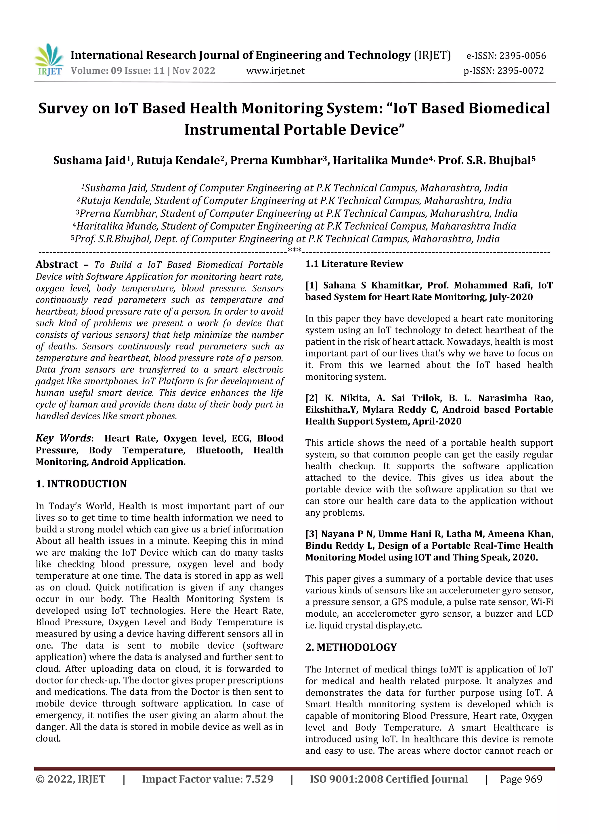 Survey on IoT Based Health Monitoring System: “IoT Based Biomedical ...