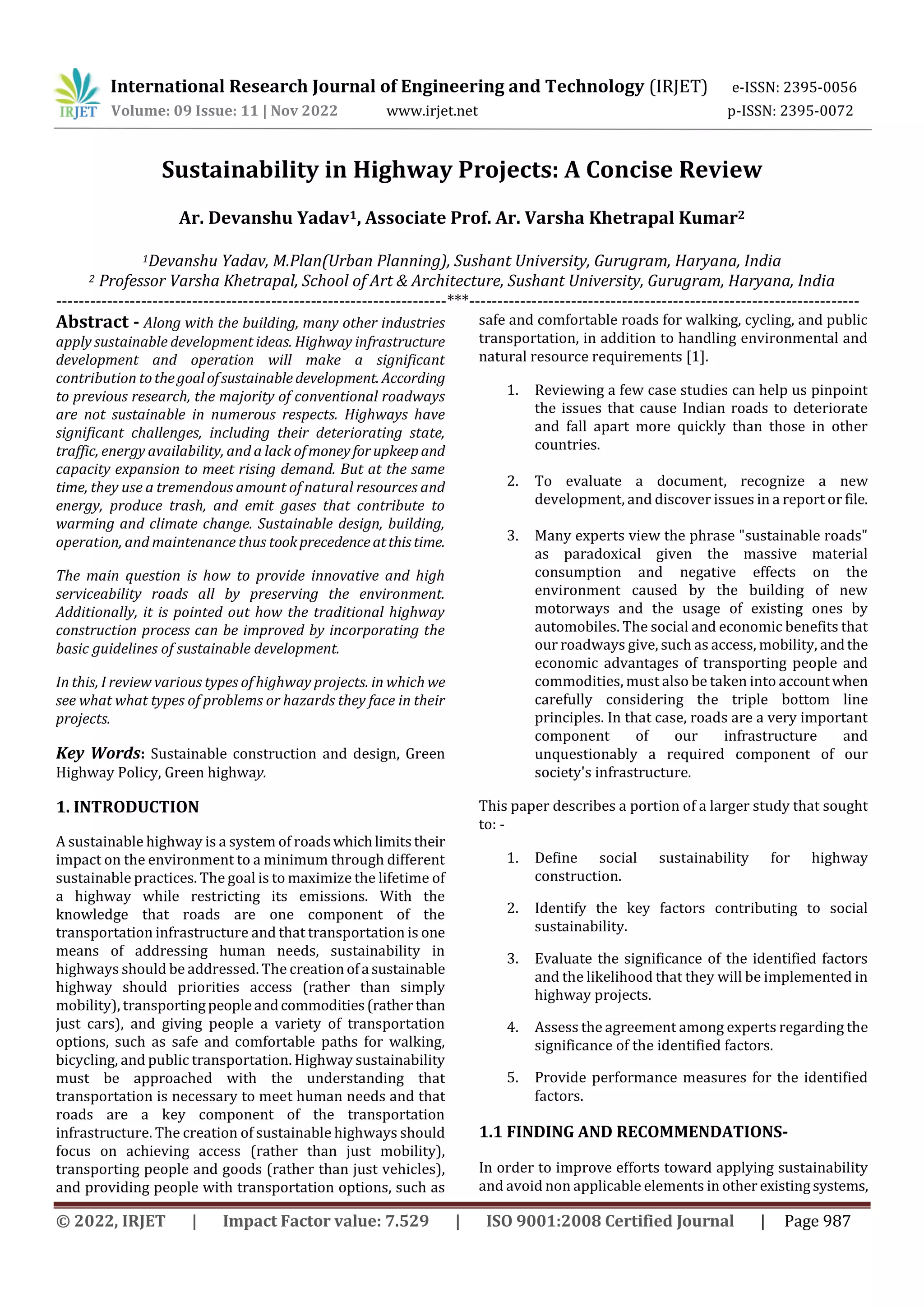 Sustainability in Highway Projects: A Concise Review | PDF