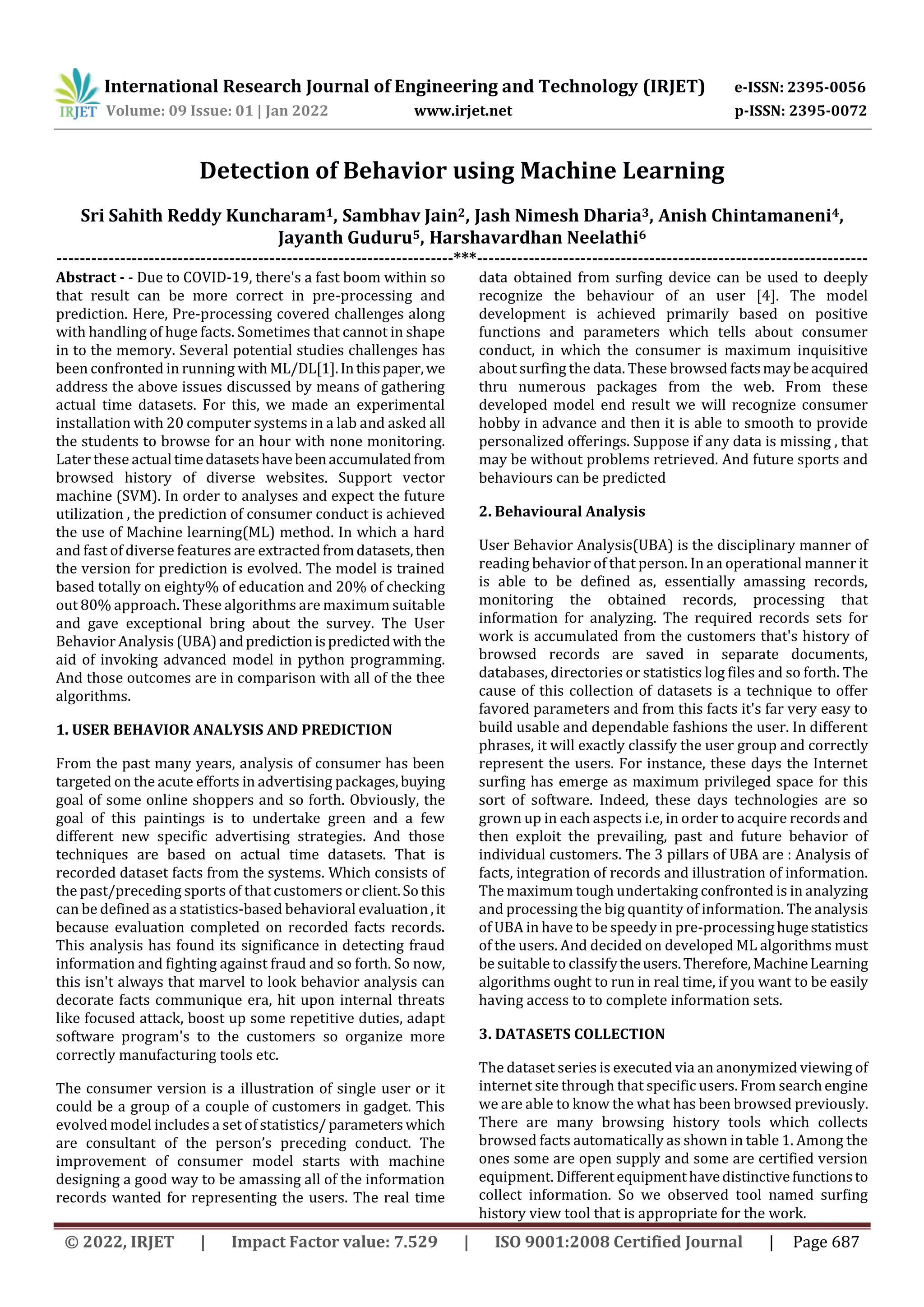 Detection of Behavior using Machine Learning | PDF