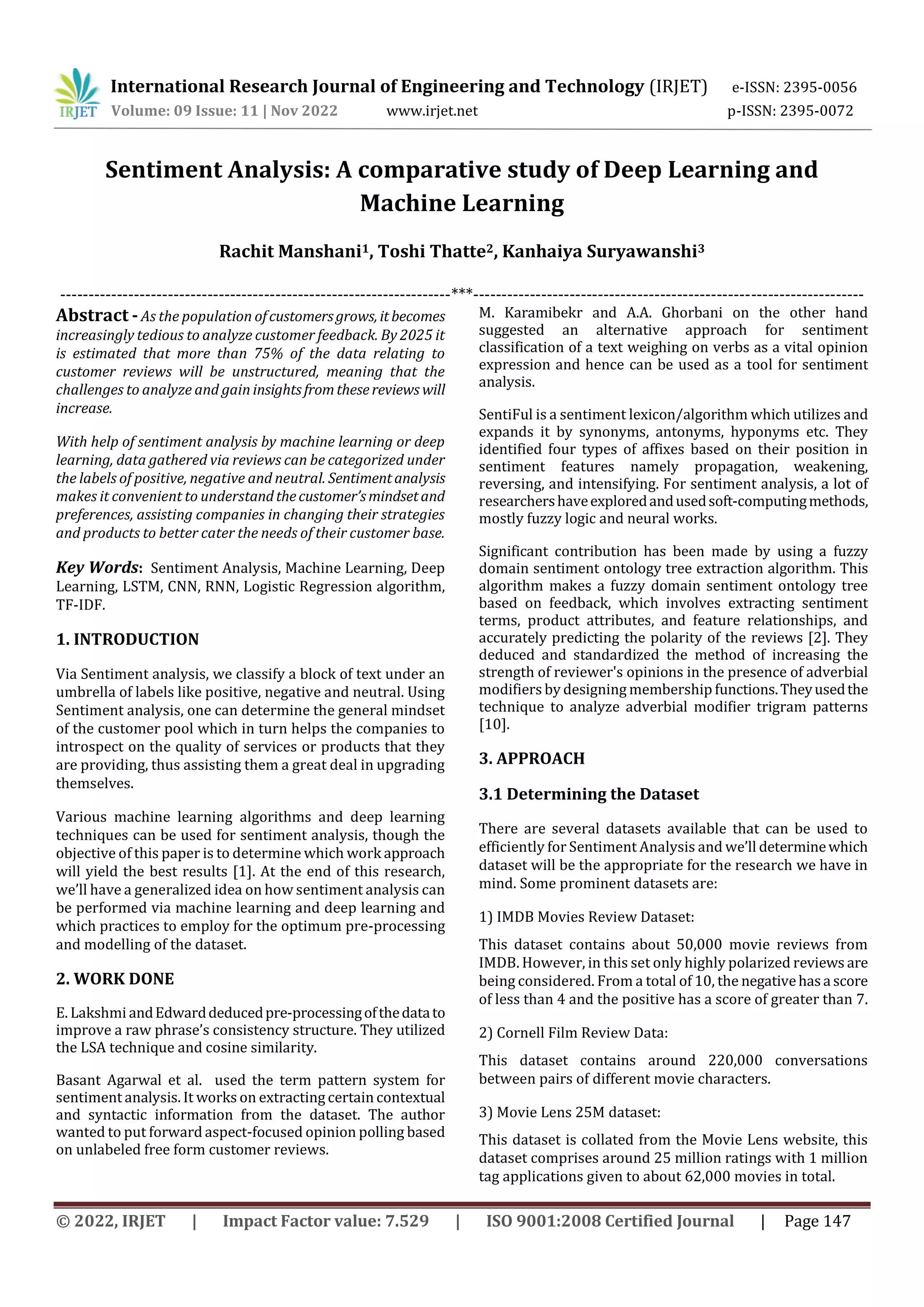 Sentiment Analysis: A comparative study of Deep Learning and Machine Learning | PDF