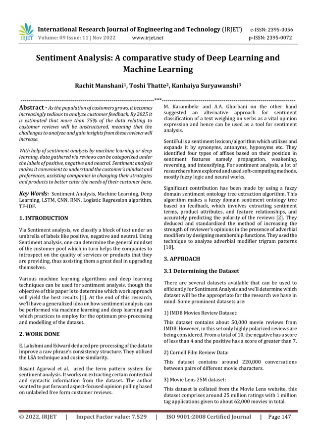 Sentiment Analysis: A comparative study of Deep Learning and Machine Learning | PDF | Artificial ...