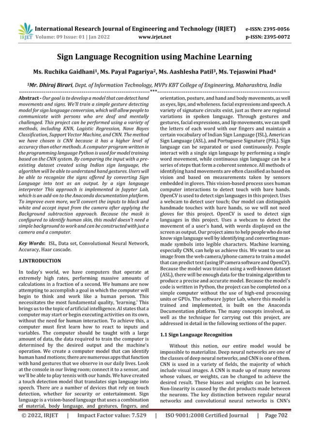 Sign Language Recognition Using Machine Learning Pdf