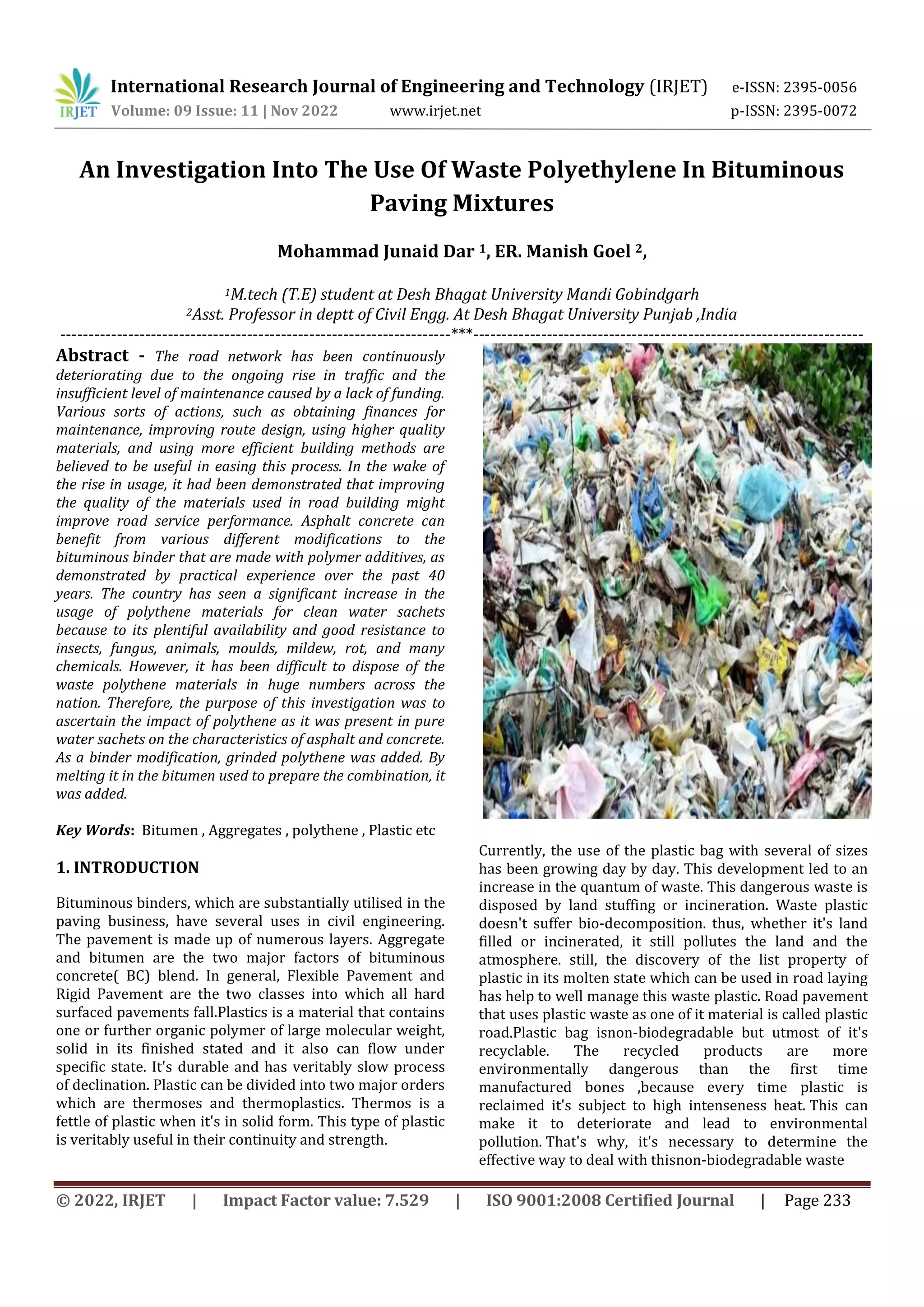 An Investigation Into The Use Of Waste Polyethylene In Bituminous ...