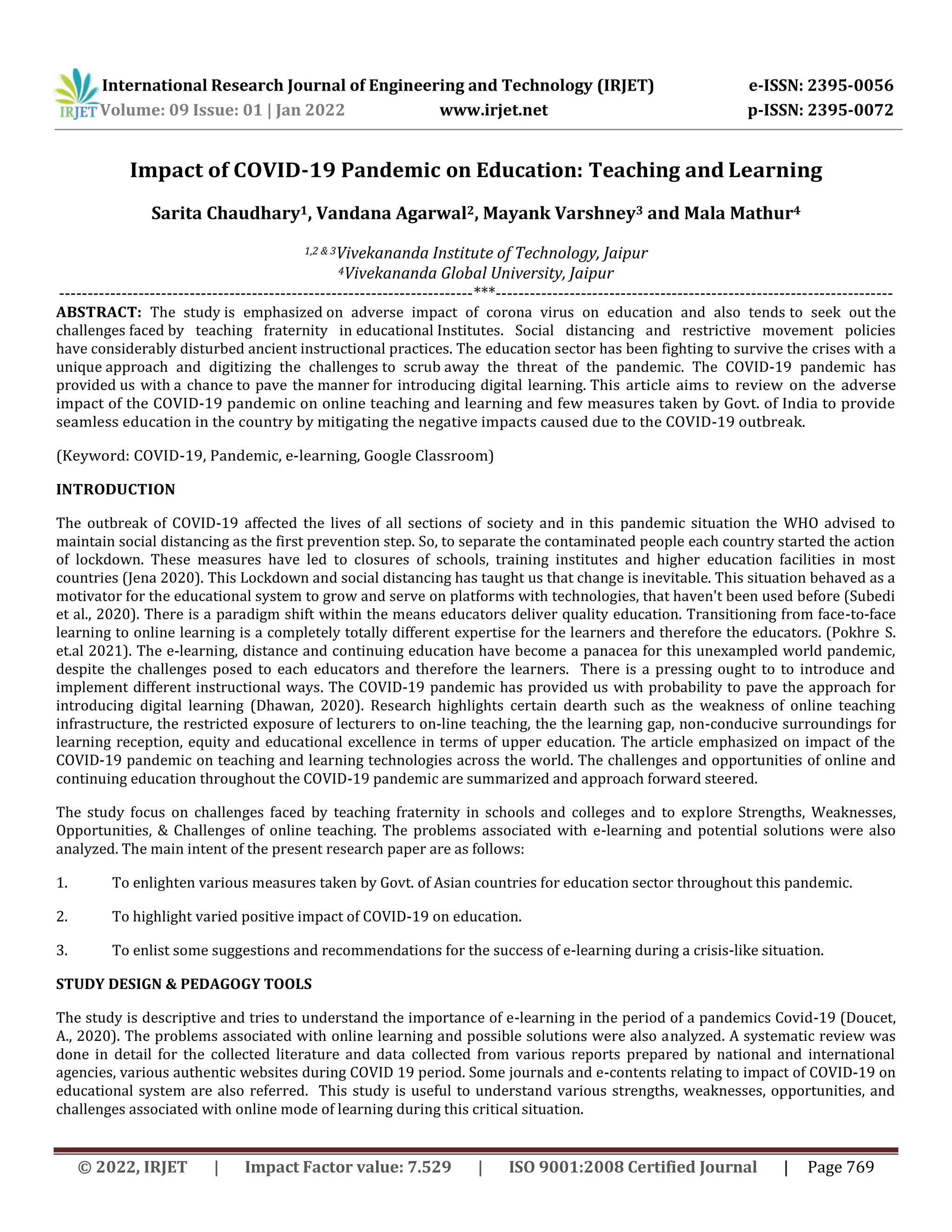 Impact of COVID-19 Pandemic on Education: Teaching and Learning | PDF