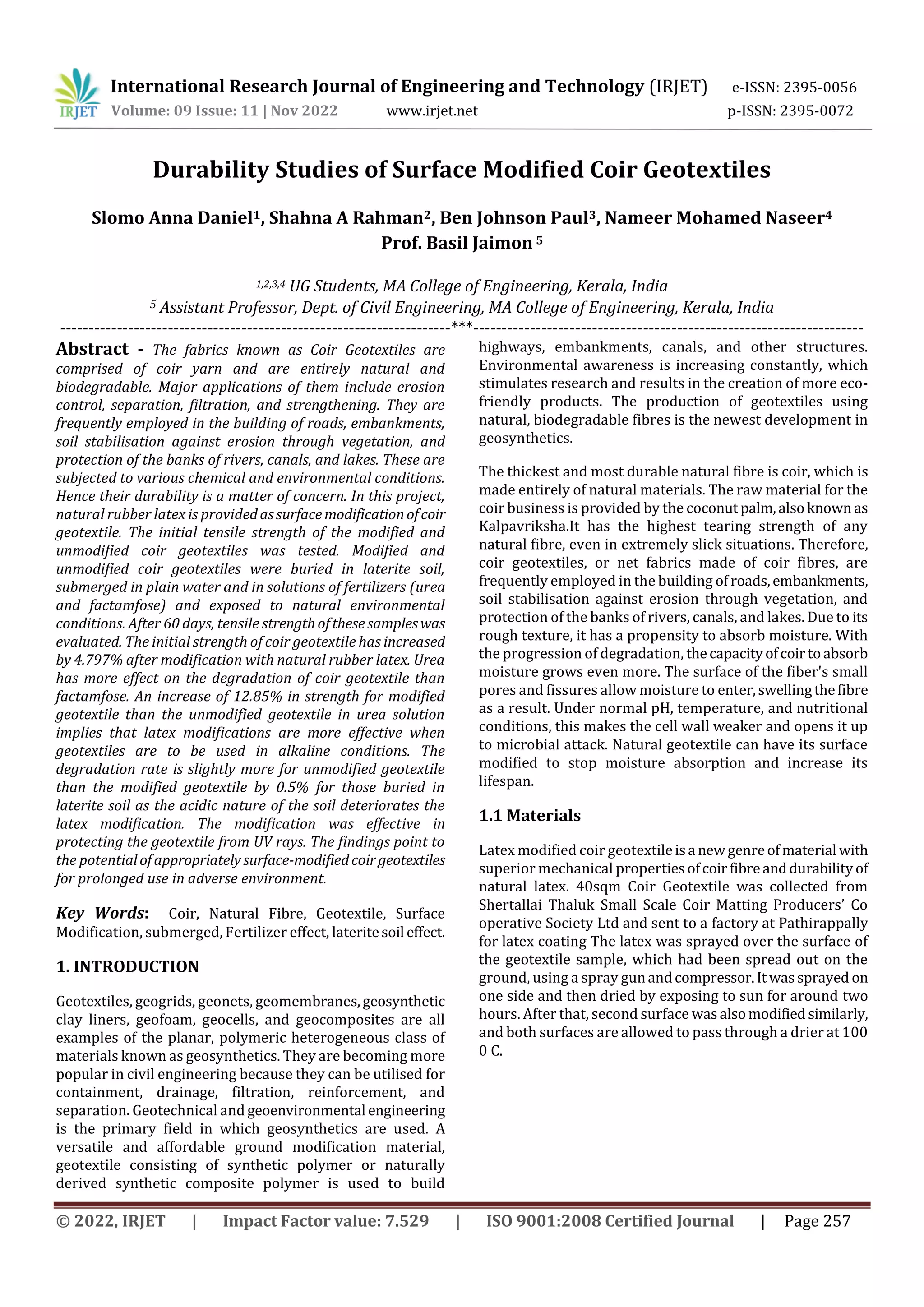 Durability Studies of Surface Modified Coir Geotextiles | PDF