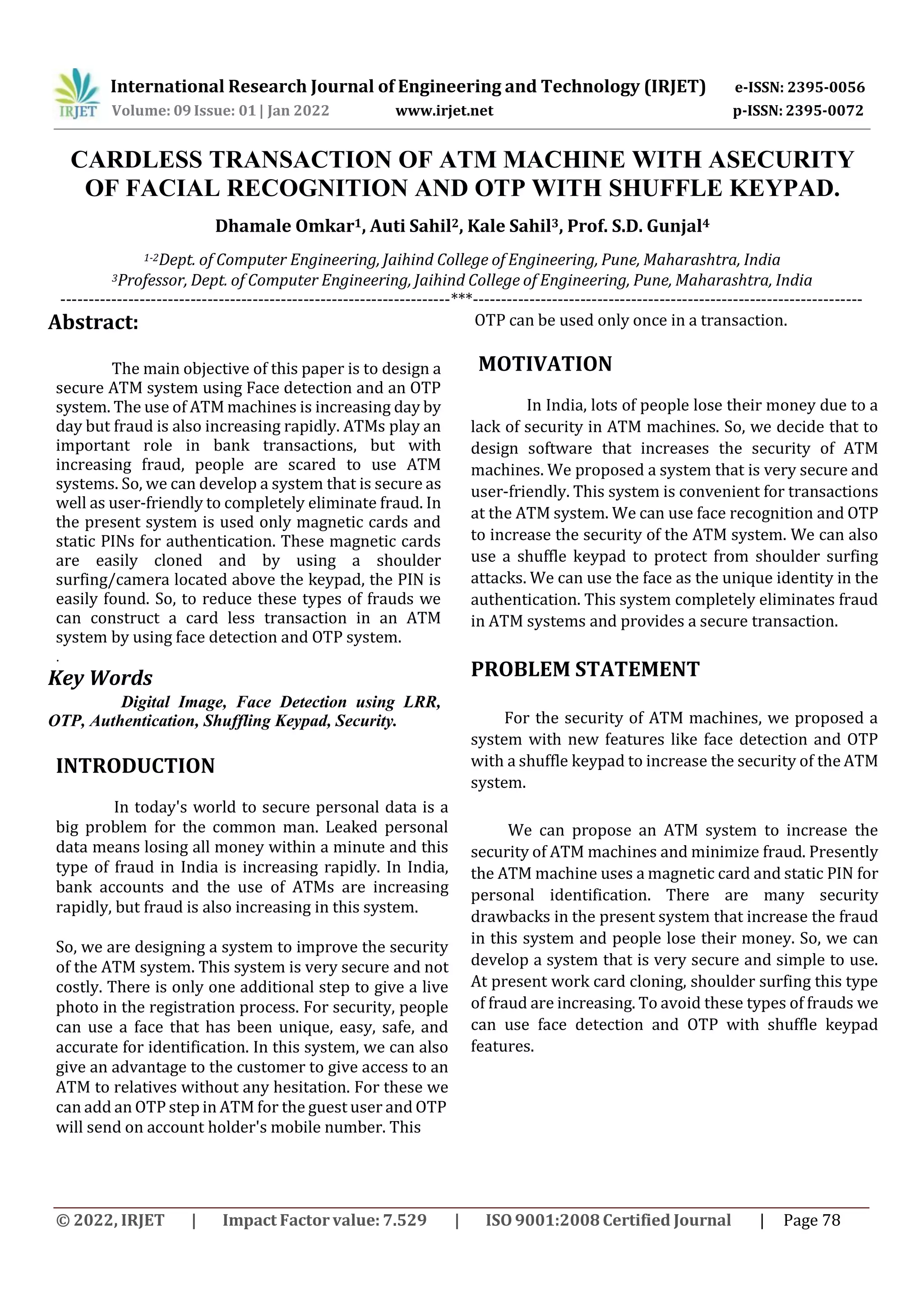 CARDLESS TRANSACTION OF ATM MACHINE WITH ASECURITY OF FACIAL RECOGNITION AND OTP WITH SHUFFLE ...