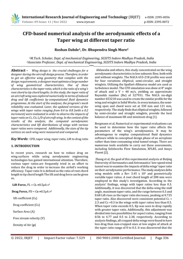 CFD-based numerical analysis of the aerodynamic effects of a Taper wing at different taper ratio ...