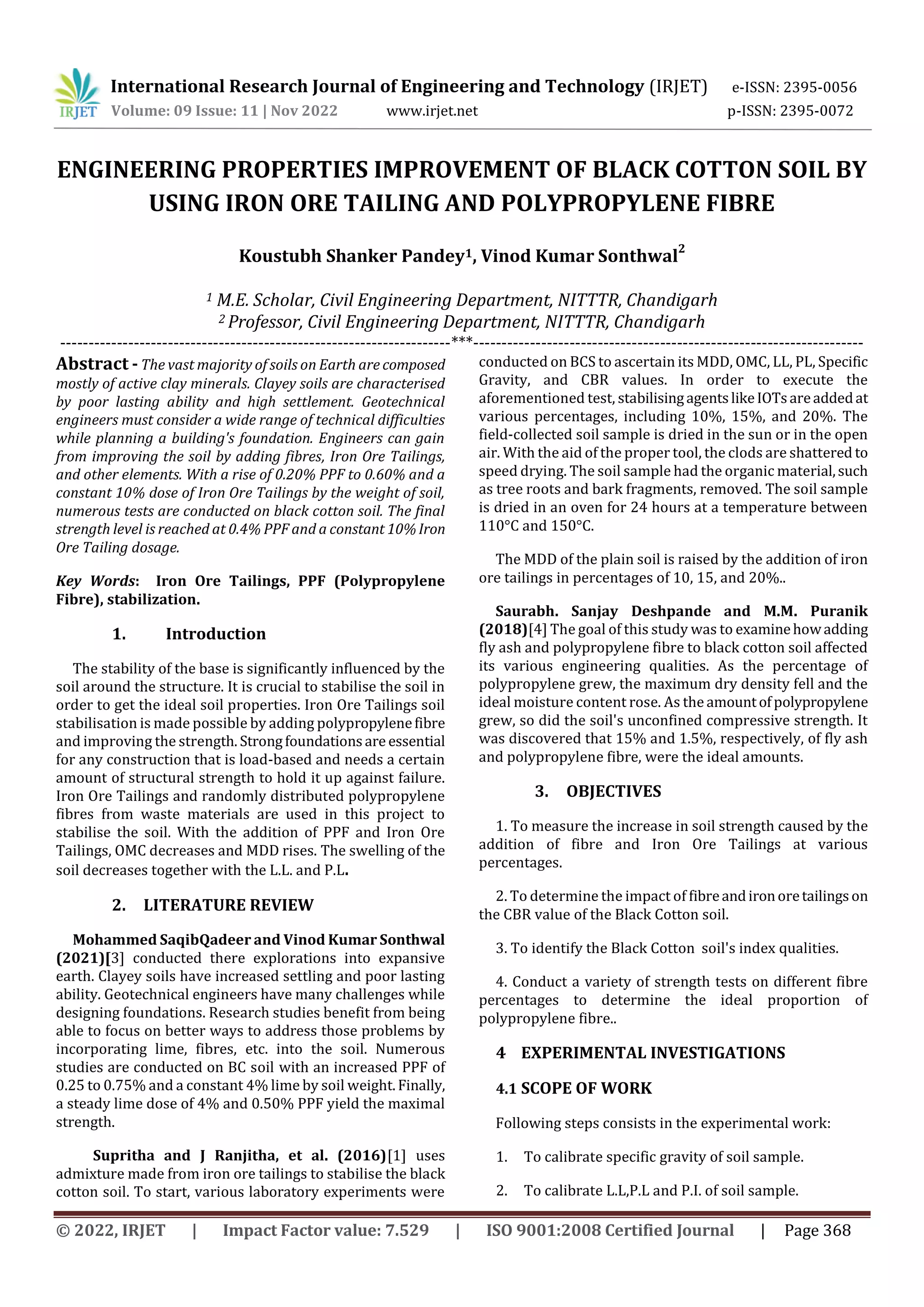 ENGINEERING PROPERTIES IMPROVEMENT OF BLACK COTTON SOIL BY USING IRON ...
