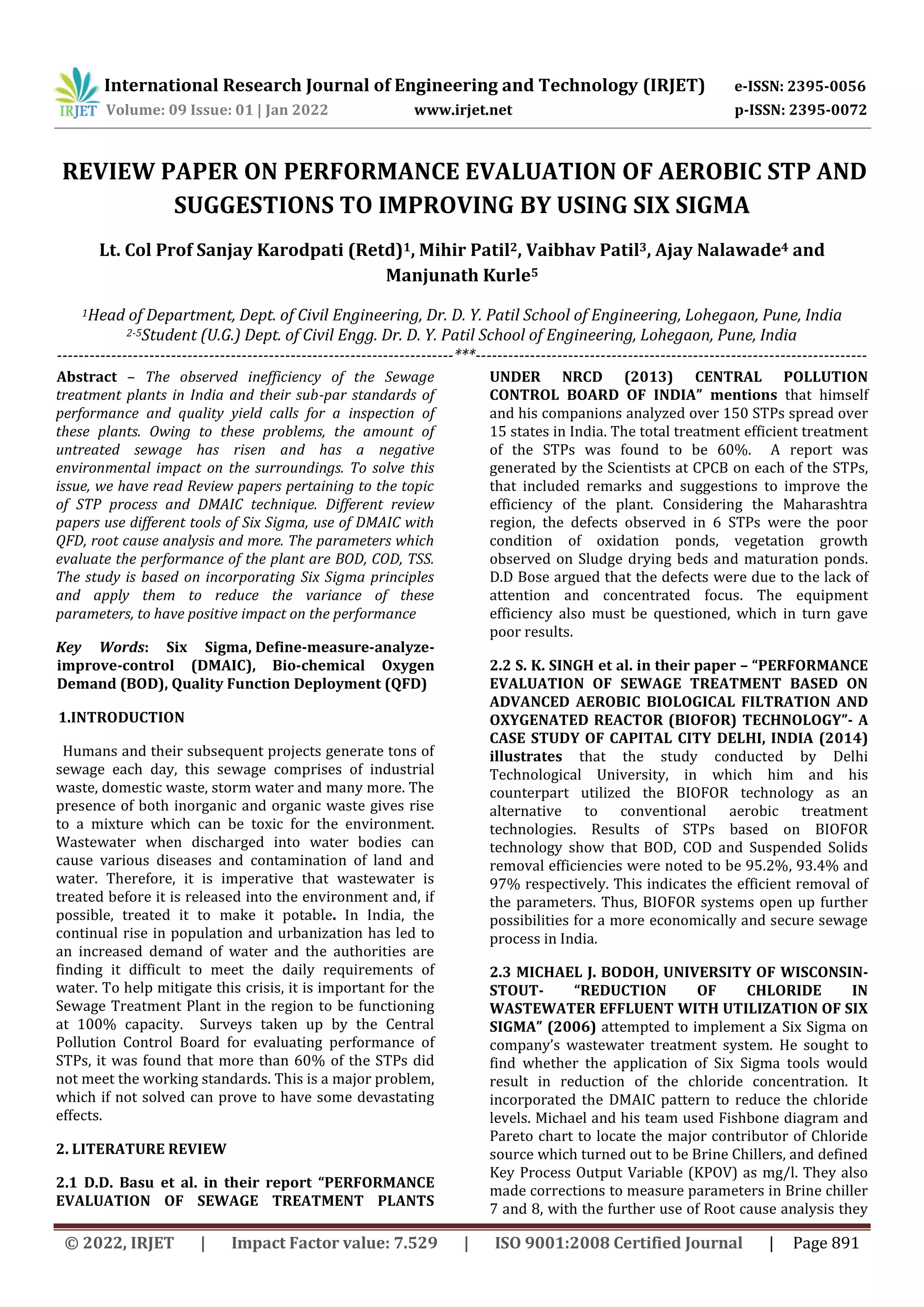 REVIEW PAPER ON PERFORMANCE EVALUATION OF AEROBIC STP AND SUGGESTIONS ...