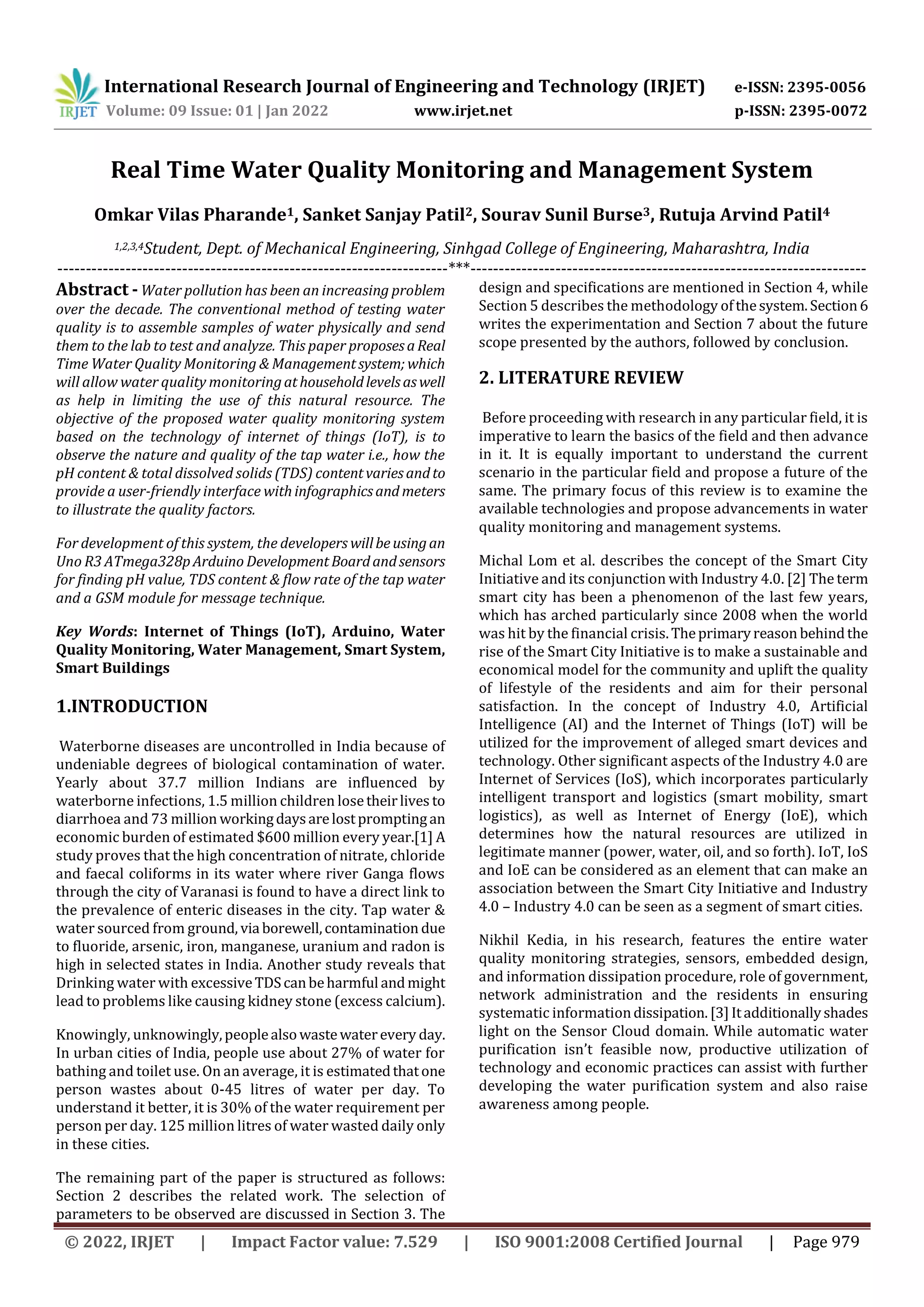 Real Time Water Quality Monitoring and Management System | PDF