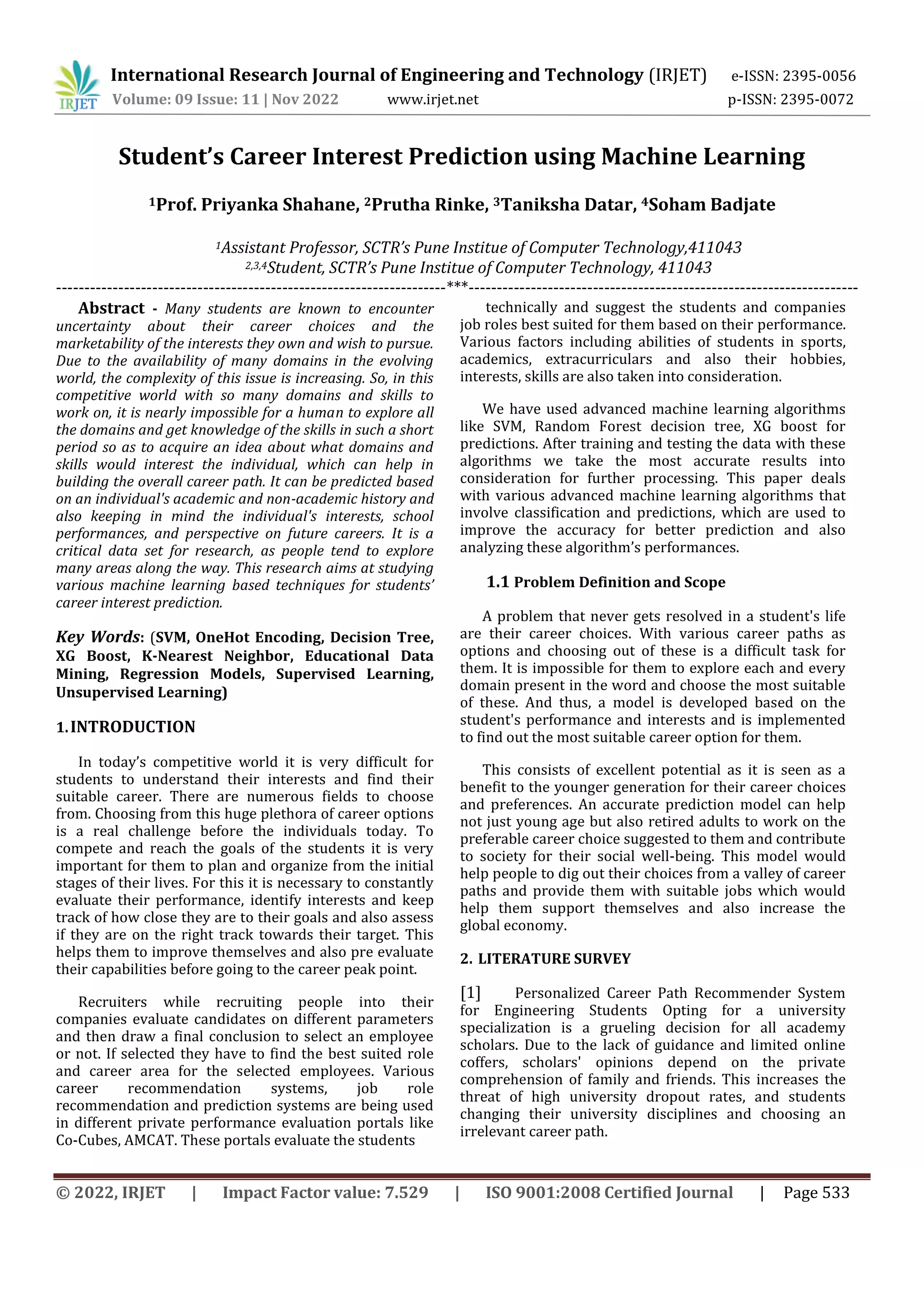 Student’s Career Interest Prediction using Machine Learning | PDF