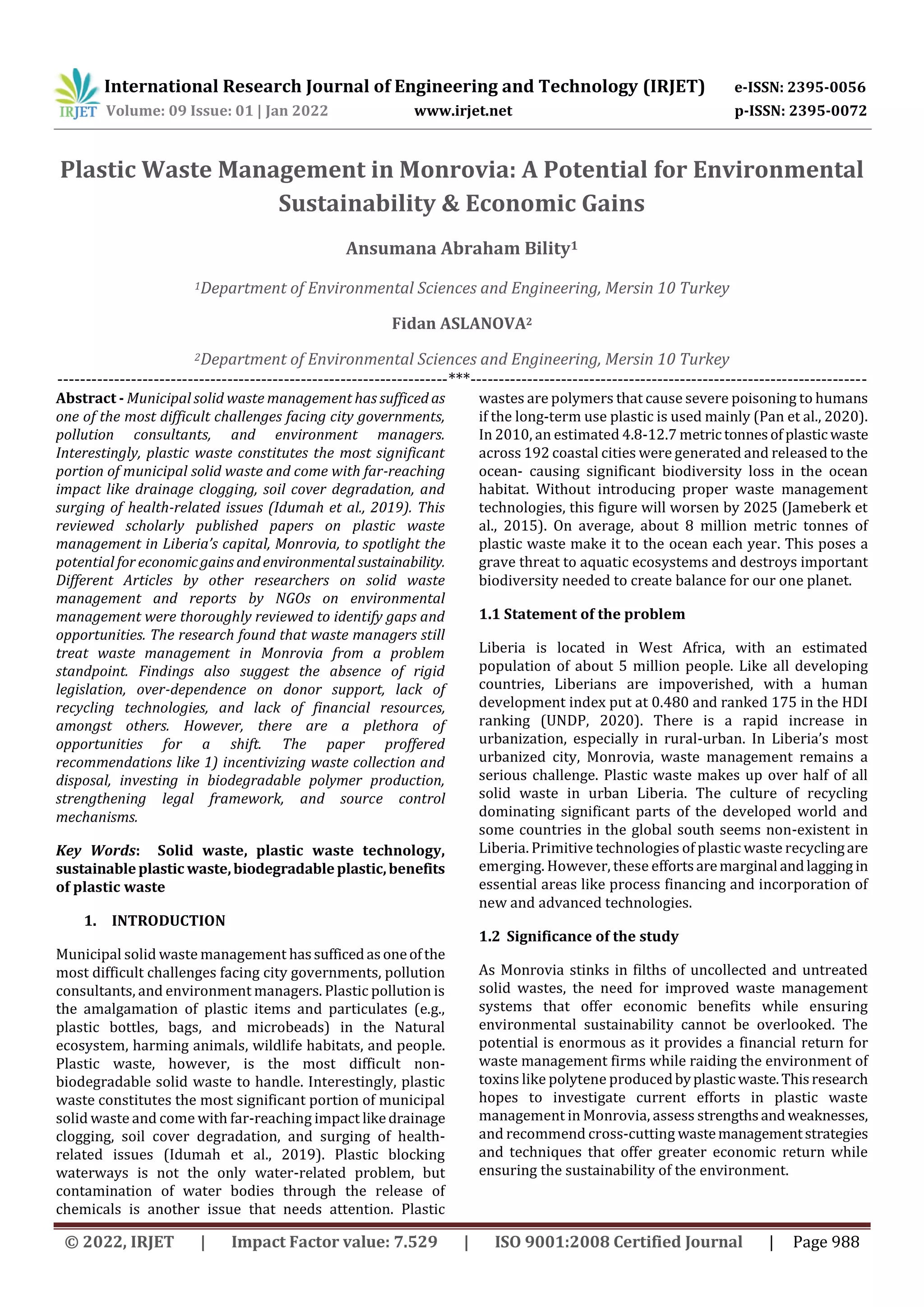 Plastic Waste Management in Monrovia: A Potential for Environmental Sustainability & Economic ...