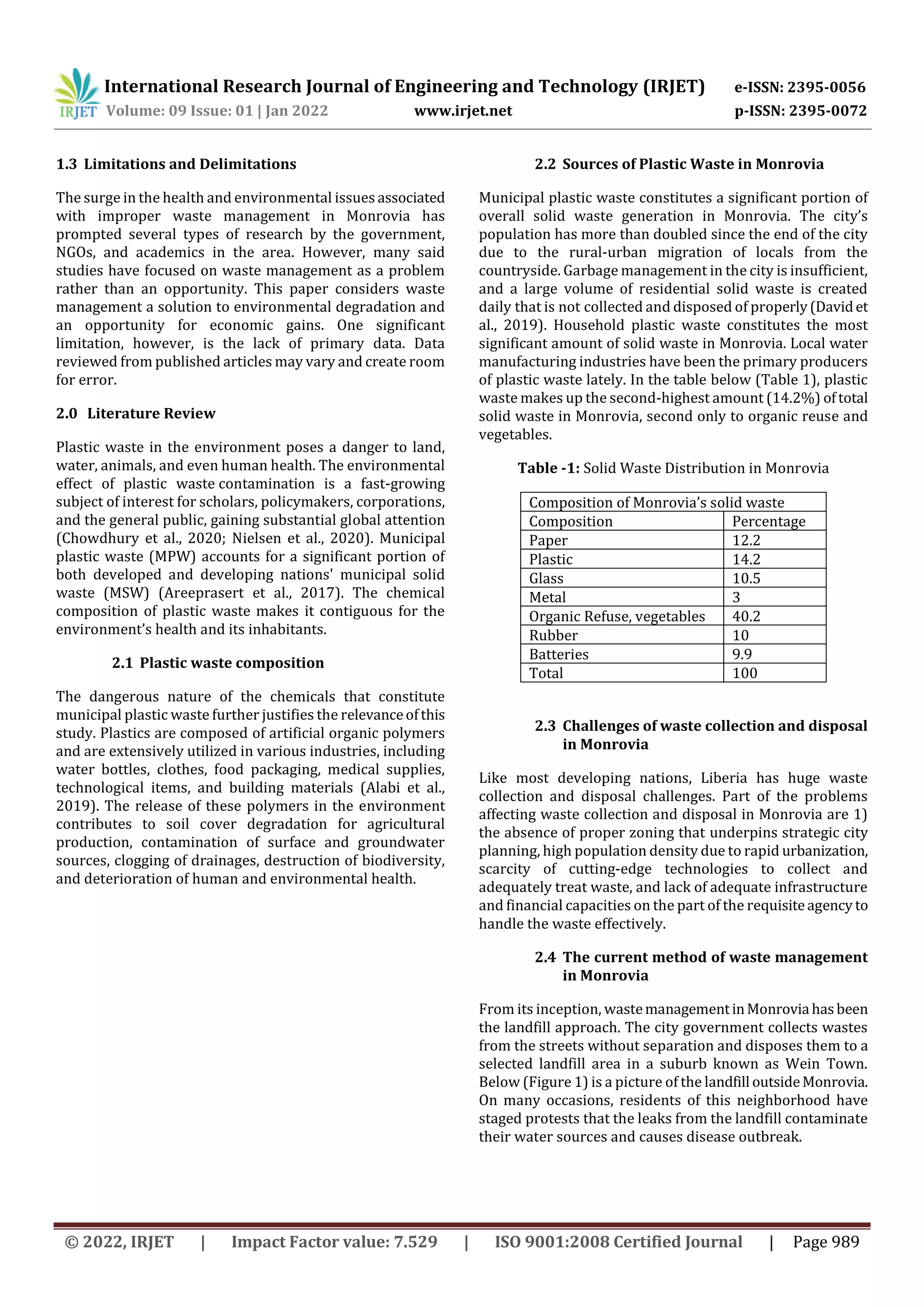 Plastic Waste Management in Monrovia: A Potential for Environmental ...