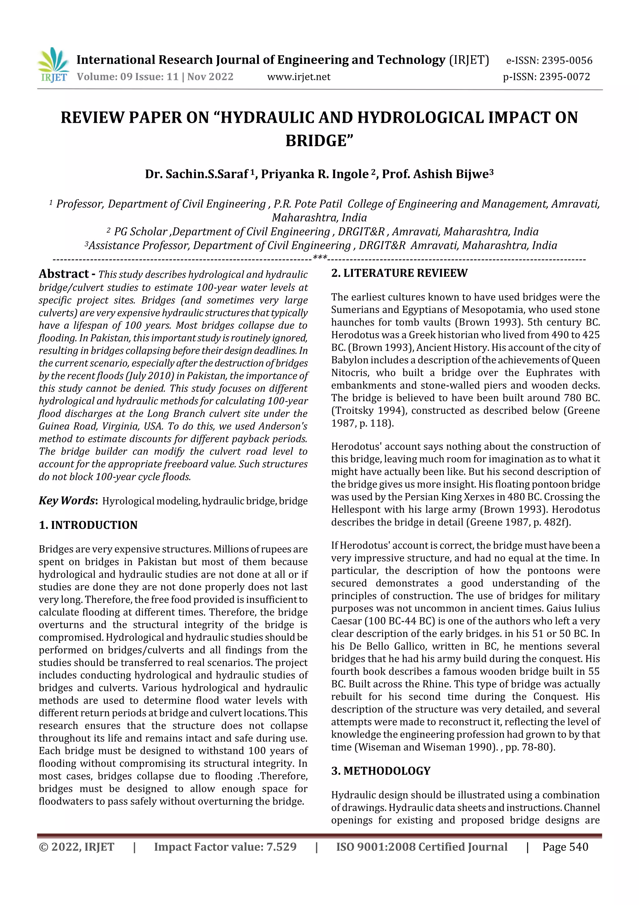 REVIEW PAPER ON “HYDRAULIC AND HYDROLOGICAL IMPACT ON BRIDGE” | PDF