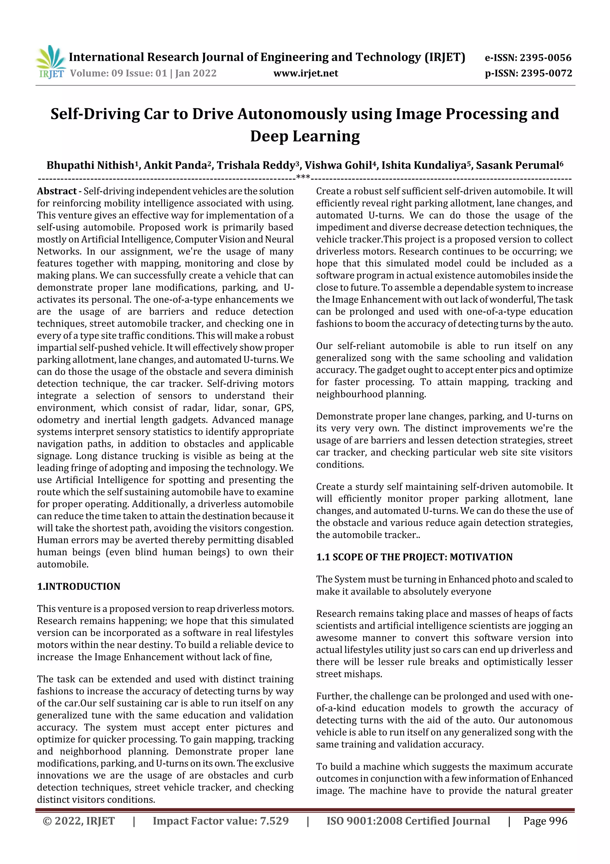Self-Driving Car to Drive Autonomously using Image Processing and Deep Learning | PDF