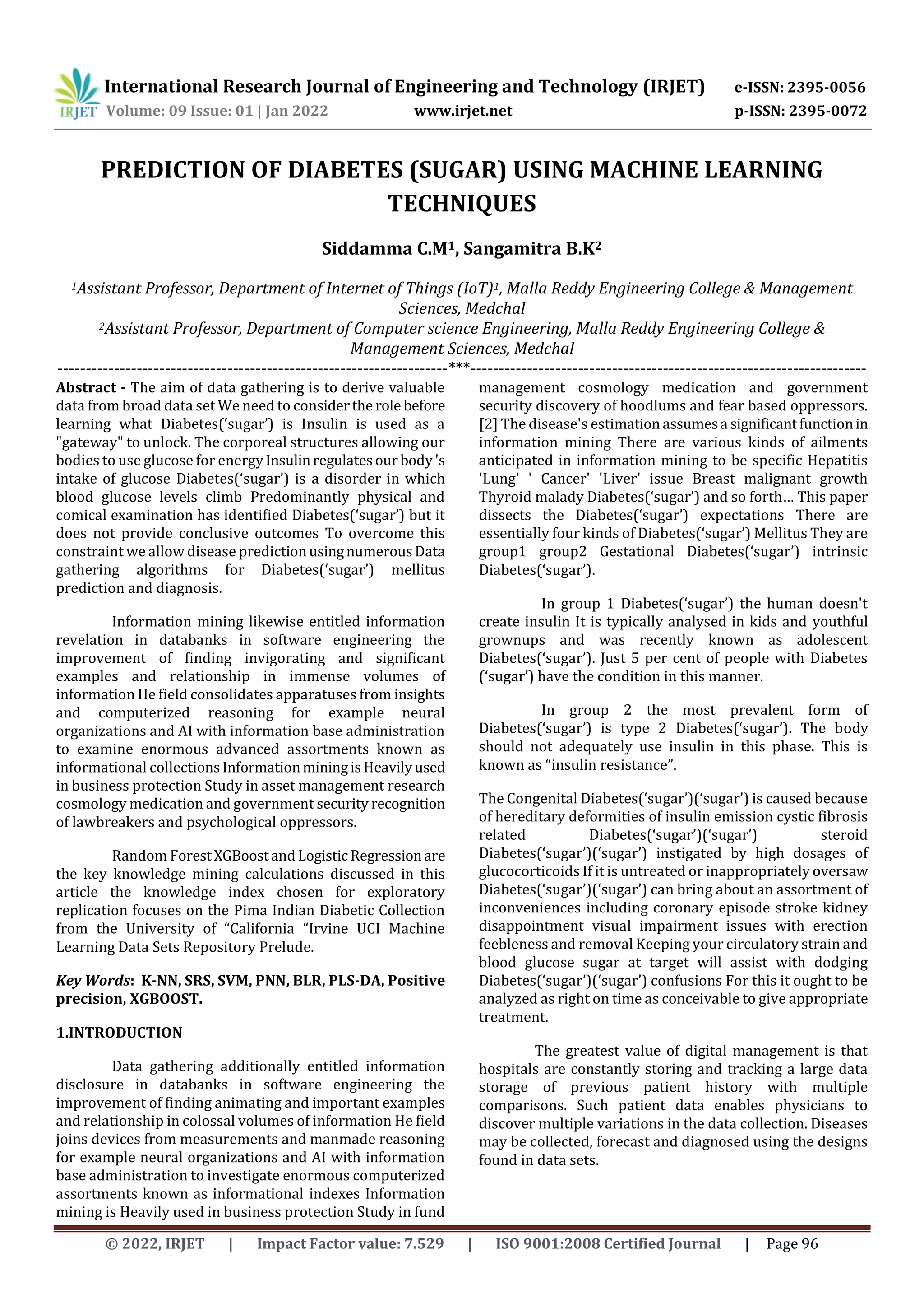 PREDICTION OF DIABETES (SUGAR) USING MACHINE LEARNING TECHNIQUES | PDF