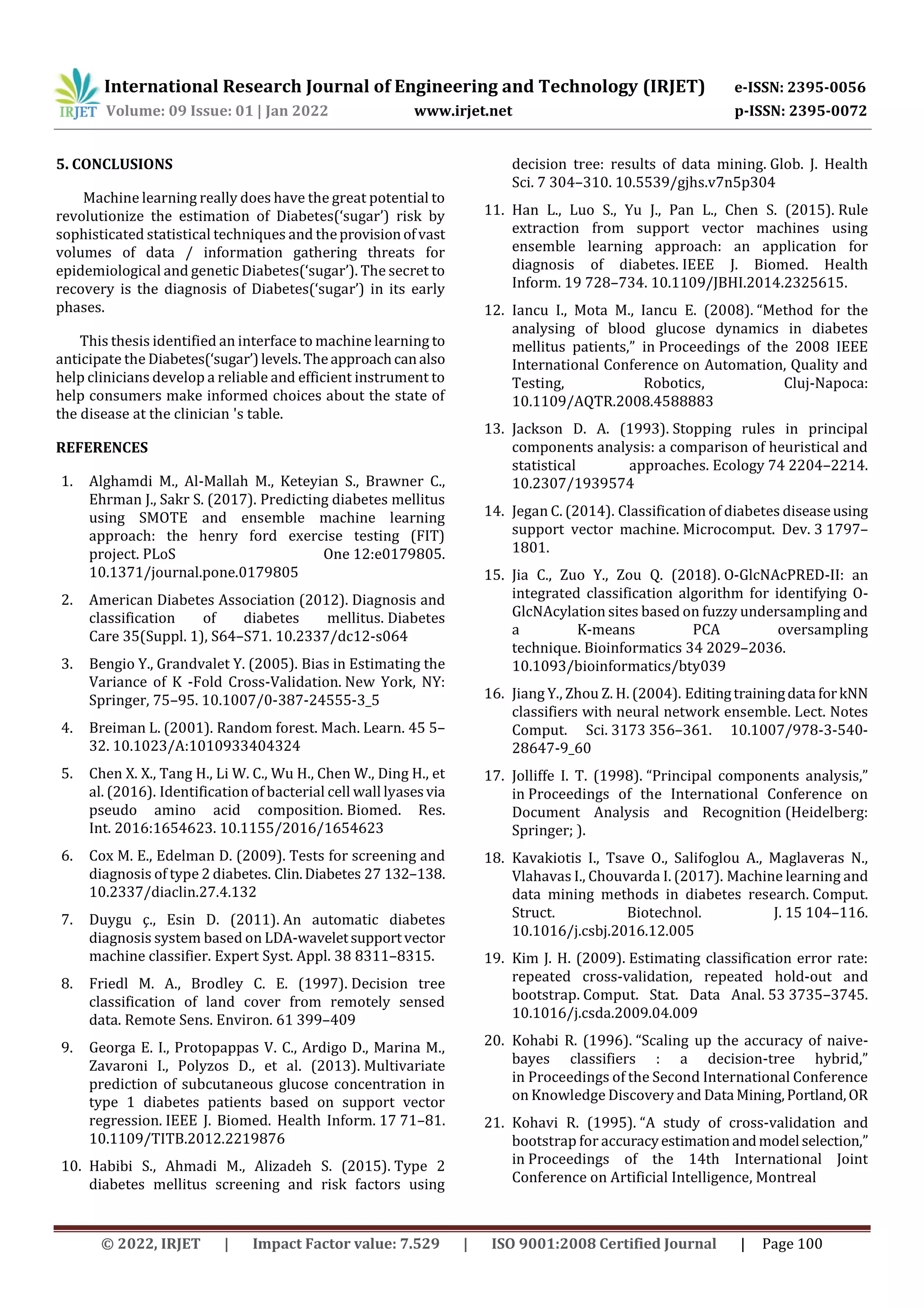 PREDICTION OF DIABETES (SUGAR) USING MACHINE LEARNING TECHNIQUES | PDF
