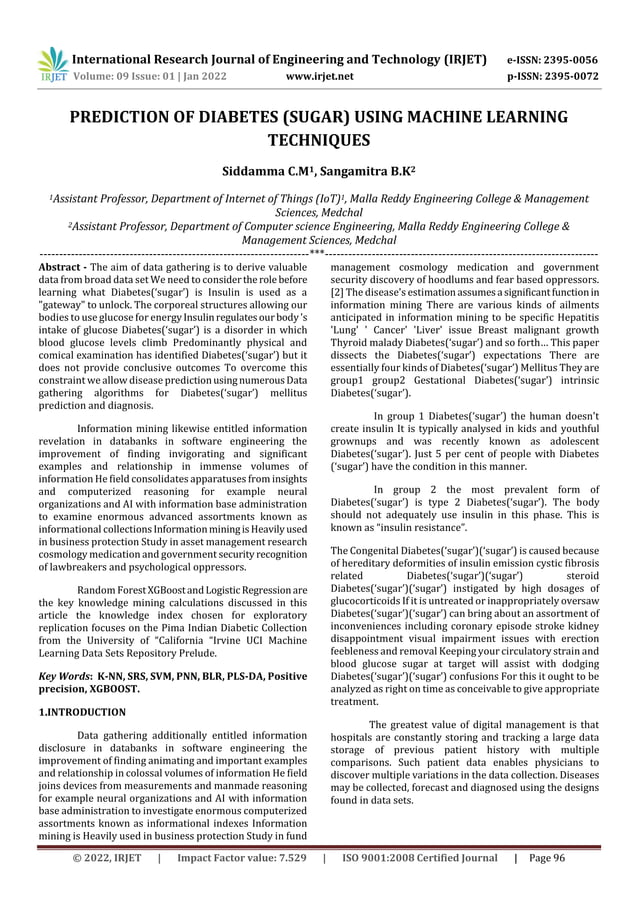 PREDICTION OF DIABETES (SUGAR) USING MACHINE LEARNING TECHNIQUES | PDF ...