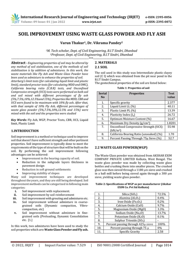 SOIL IMPROVEMENT USING WASTE GLASS POWDER AND FLY ASH | PDF