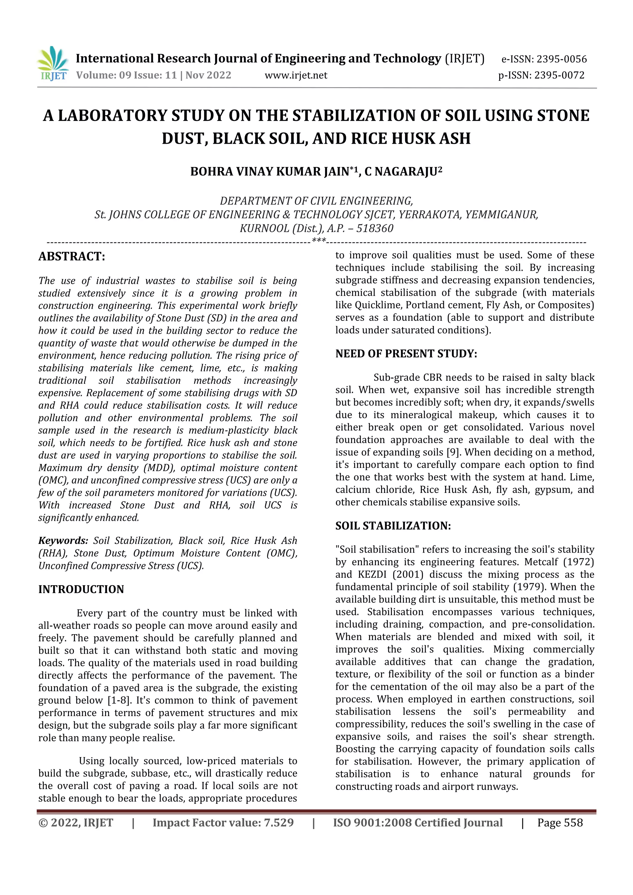 A LABORATORY STUDY ON THE STABILIZATION OF SOIL USING STONE DUST, BLACK ...
