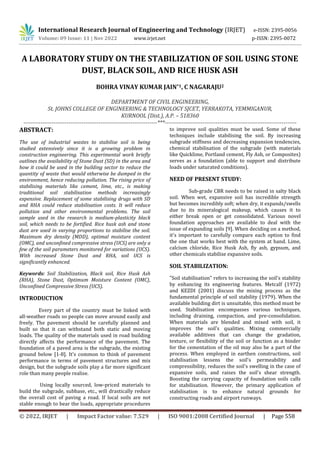 A LABORATORY STUDY ON THE STABILIZATION OF SOIL USING STONE DUST, BLACK SOIL, AND RICE HUSK ASH ...