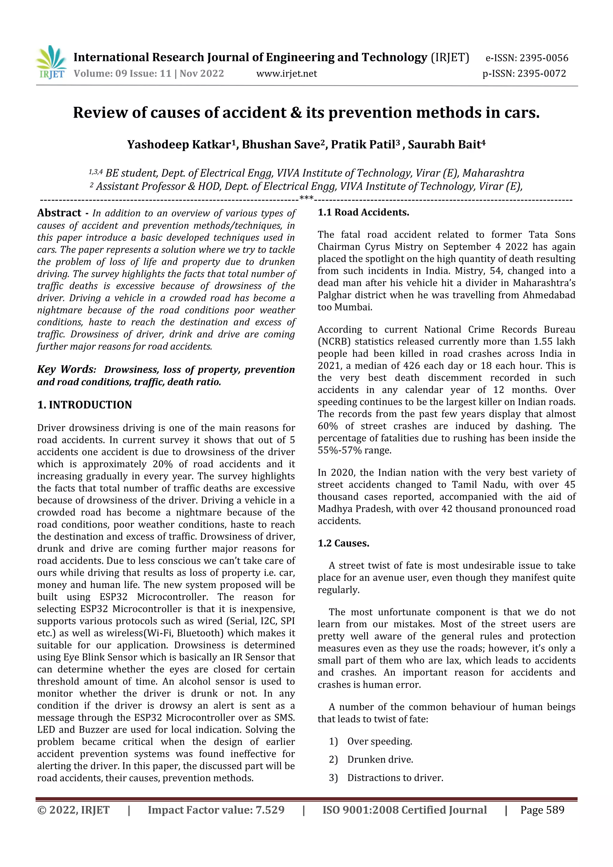 Review of causes of accident & its prevention methods in cars. | PDF