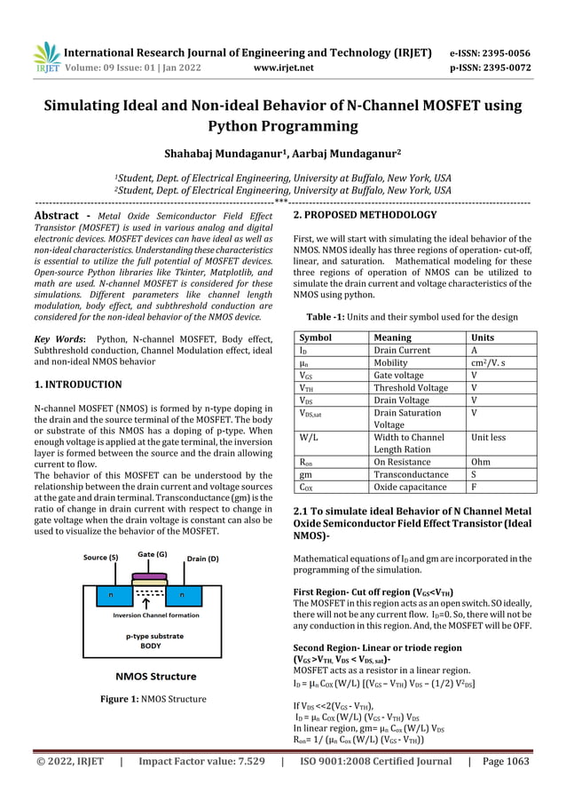 Simulating Ideal and Non-ideal Behavior of N-Channel MOSFET using Python Programming | PDF